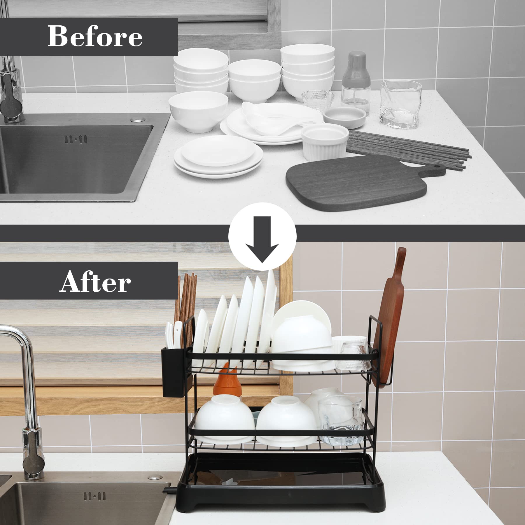 Sikobin Dish Drying Rack Stainless Steel 2 Tier Dish Rack Multifunctional Rustproof Dish Rack with Drainboard Utensil Holder for Kitchen Counter