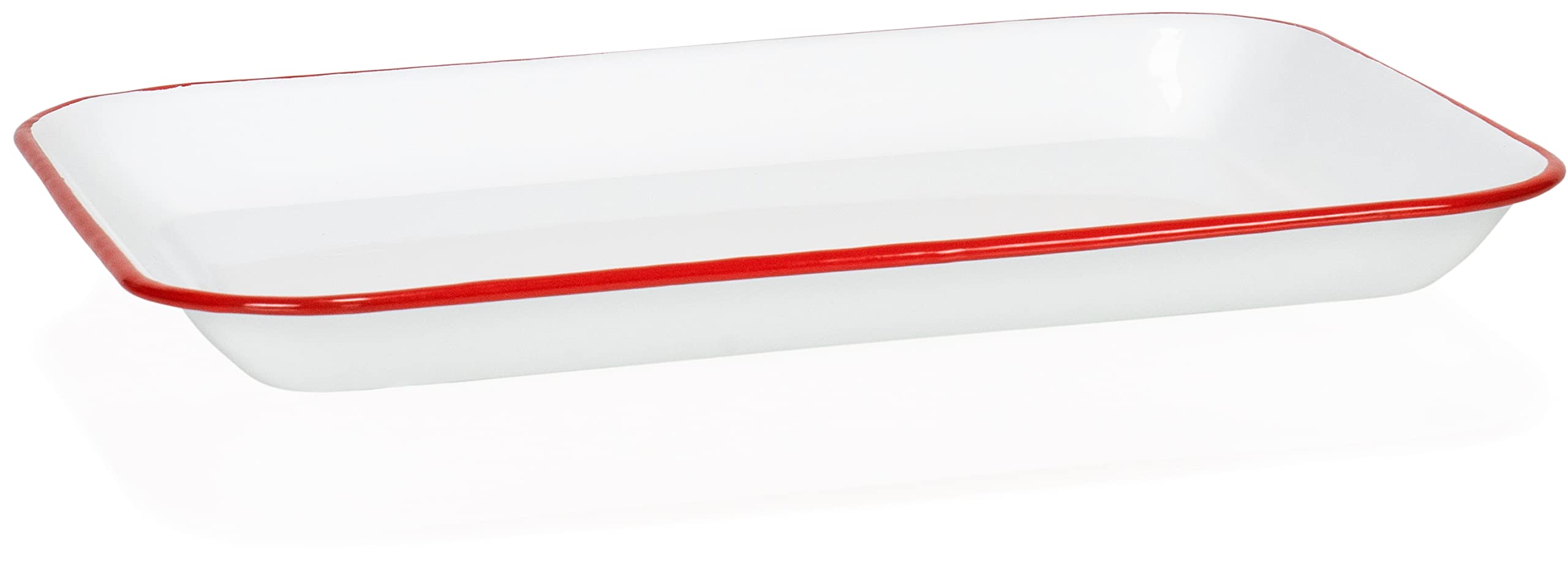 Red Co. 13.5” x 10” Enamelware Metal Classic 1.6-Quart Rectangular Serving Tray, Solid White/Red Rim