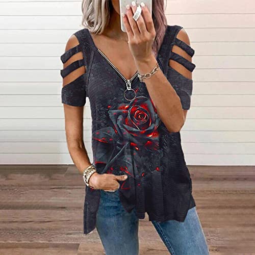 Summer Cold Shoulder Tops for Women Trendy 1/4 Zip Pullover Casual V-Neck T-Shirt Gothic Rose Graphic Tees