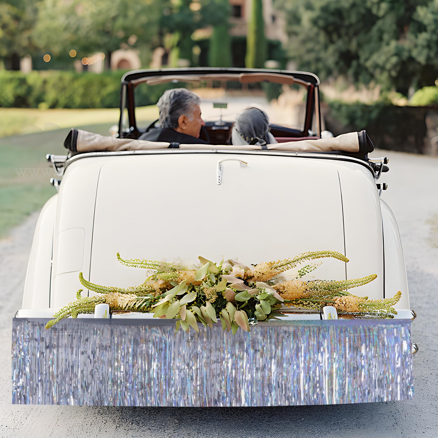 YUKL Laser Silver Christmas Decorations Tinsel Garland Parade Float Decorations for Trailer 4Pack 12FT Christmas Party Decor Ceiling Fringe Banner Silver Backdrop for Streamers Party Decorations