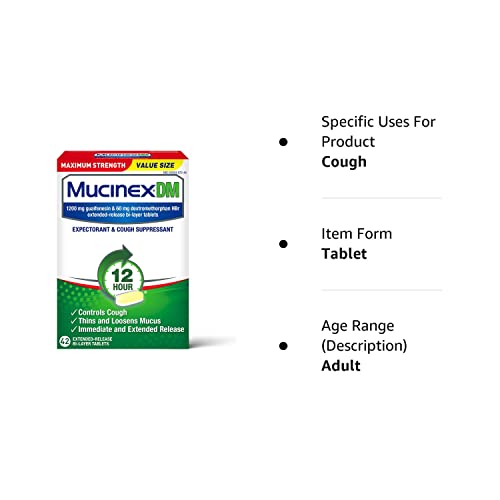 Mucinex Cough Suppressant and Expectorant, DM Maximum Strength 12 Hr Relief Tablets, 42ct, 1200 mg, Thins & loosens Mucus That Causes Chest Congestion