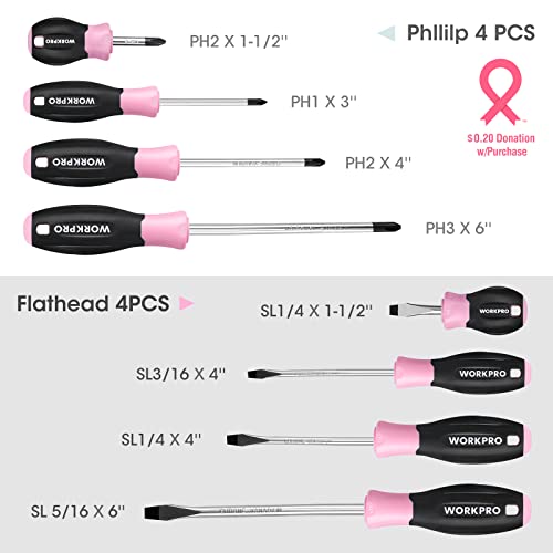 WORKPRO Magnetic Screwdrivers Set, 8-piece Pink Hand tools for Womens, Includes Philips, Flathead, Slotted, Stubby Screwdrivers with Organizer Rack - Pink Ribbon