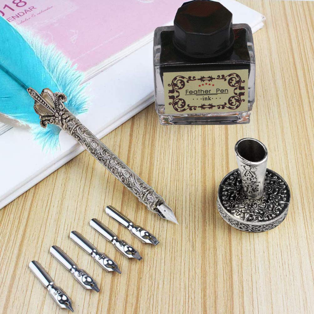 Quill Dip Pen Set Handcrafted Antique Feather Pen Vintage Writing Calligraphy Pen + 5 Replacement Metal Nibs + Pen Holder + Gift Box
