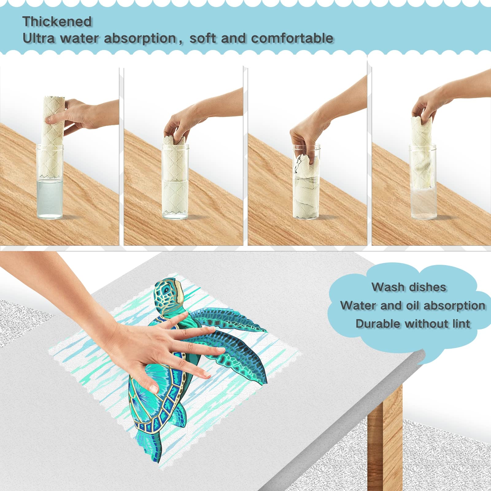 Sea Turtle Turquoise Teal Kitchen Dish Cloths Ocean Sea Life Marine Microfiber Cleaning Towels Absorbent Dishcloths Fast Drying Washcloths for Car Window Bathroom 11x11 inch Pack of 6