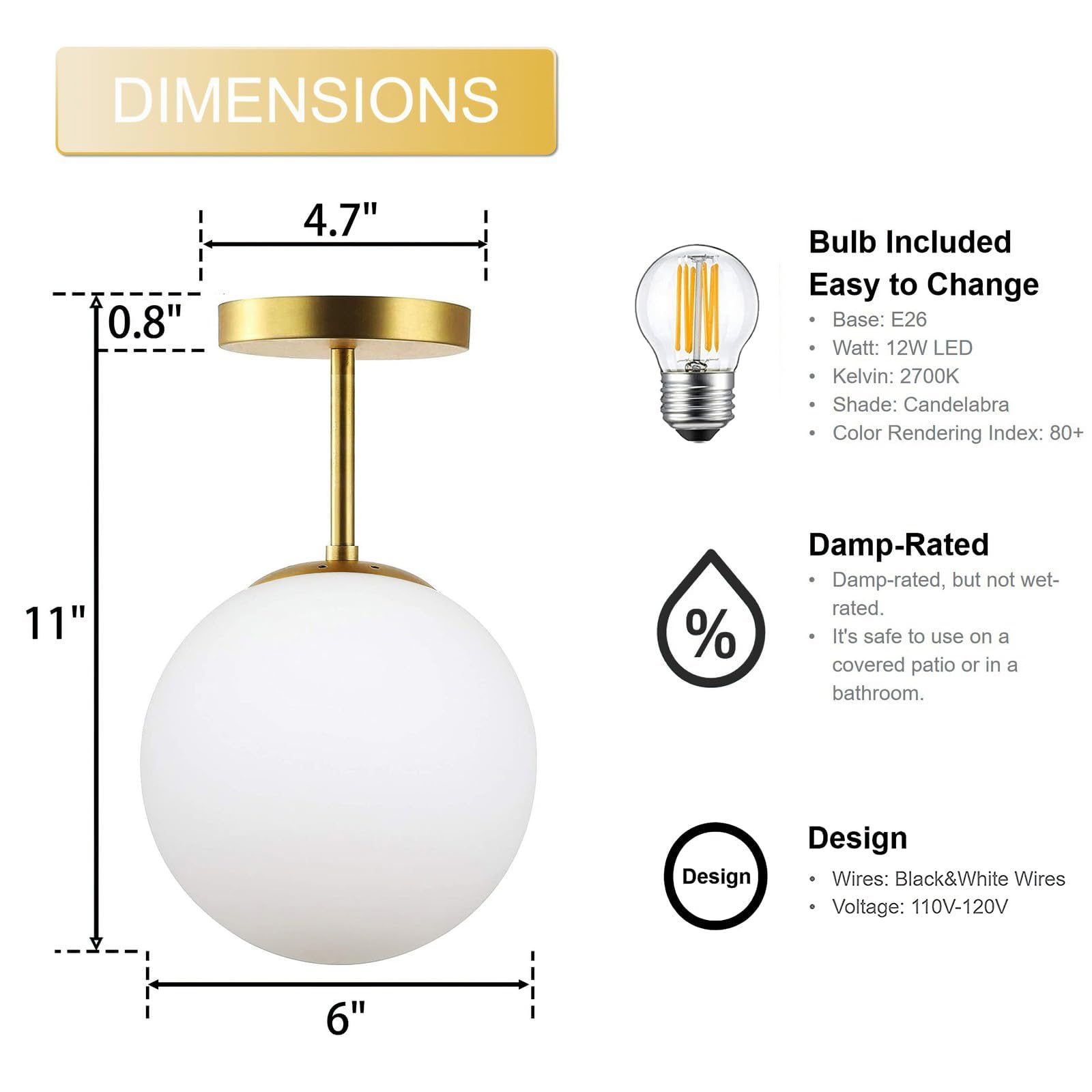 Mid Century Modern Globe Semi Flush Mount Ceiling Light Fixture Frosted Glass with Gold Brass Finish,1-Light Sphere Glass Pendant Lights for Aisle Porch Stairway Closet Kitchen Laundry Room(Bulb Incl)