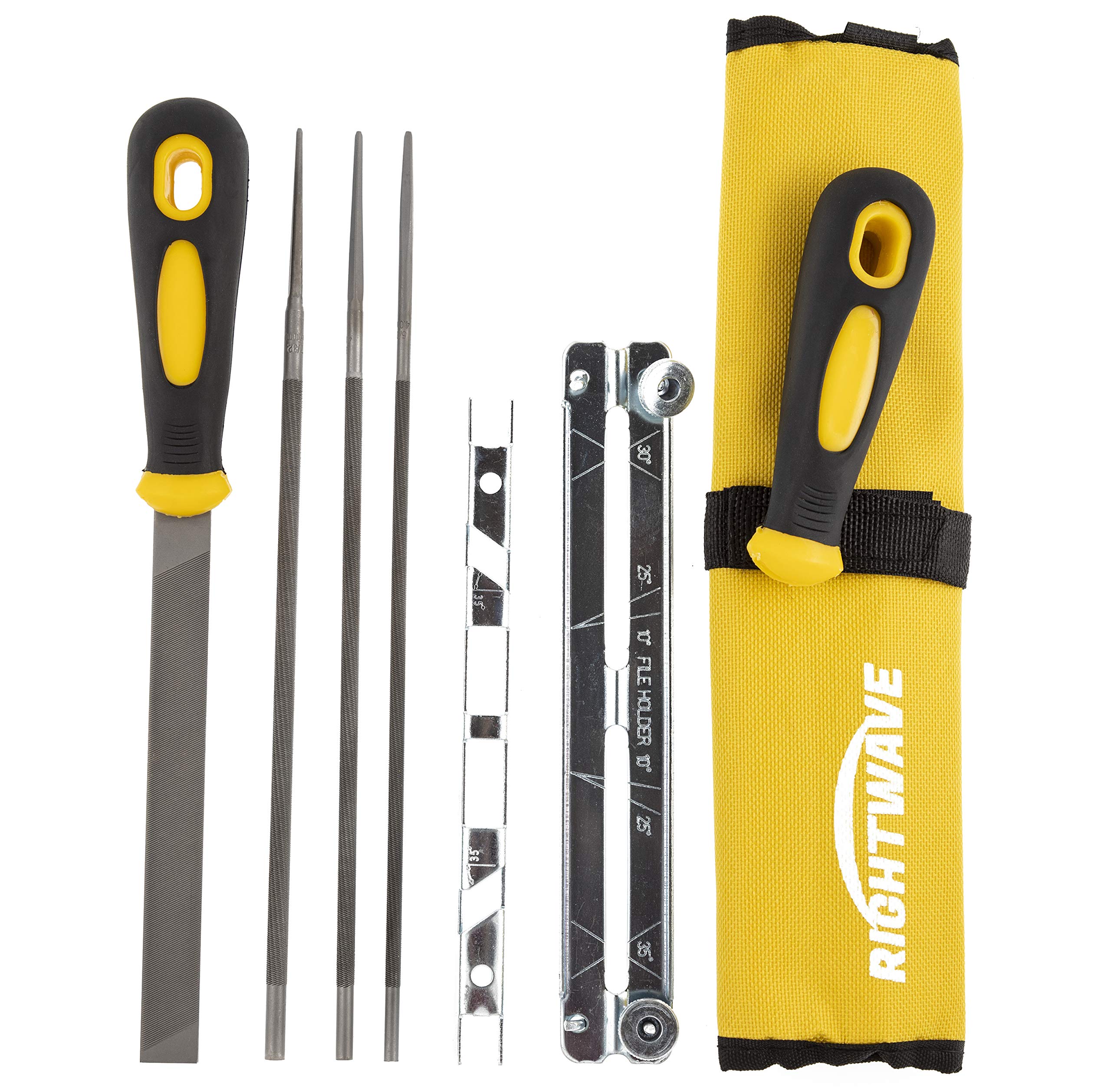 RIGHTWAVE Chainsaw Sharpener, Chainsaw Files and File Kit, 3 Round Files and Flat File, Two Handles, Carrying Case Included, Chainsaw File Sharpener Kit