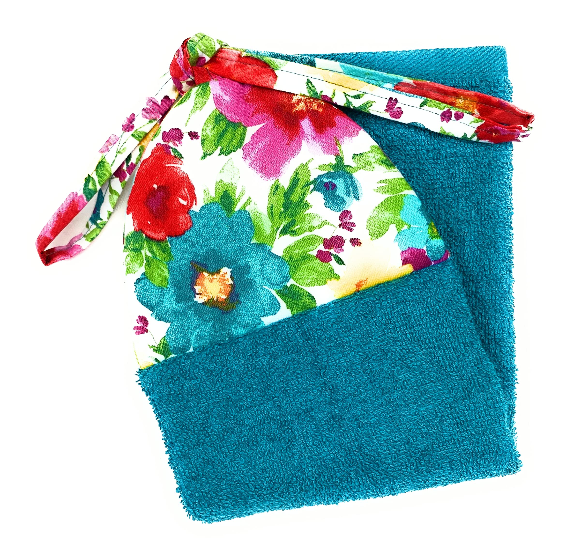 Red Pink Yellow Floral Flowers with Teal Turquoise Green Leaves on White Ties On Stays Put Kitchen Hanging Loop Hand Dish Towel She Who Sews