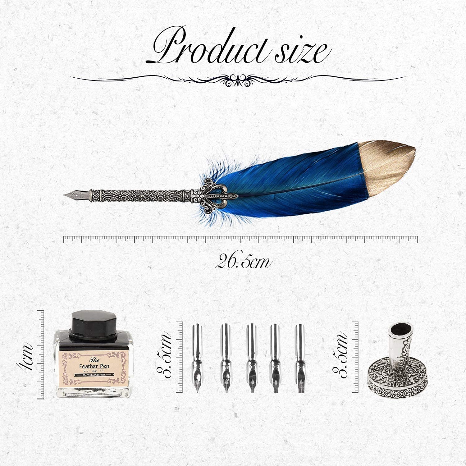 Quill Pen, Handmade Quill Feather Pen Set Antique Calligraphy Writing Quill Pen with Ink, Feather Pen with Ink and Steel Tips Calligraphy Set Quill Pen,6 Replacement Nibs/Contains ink(Navy Blue)1