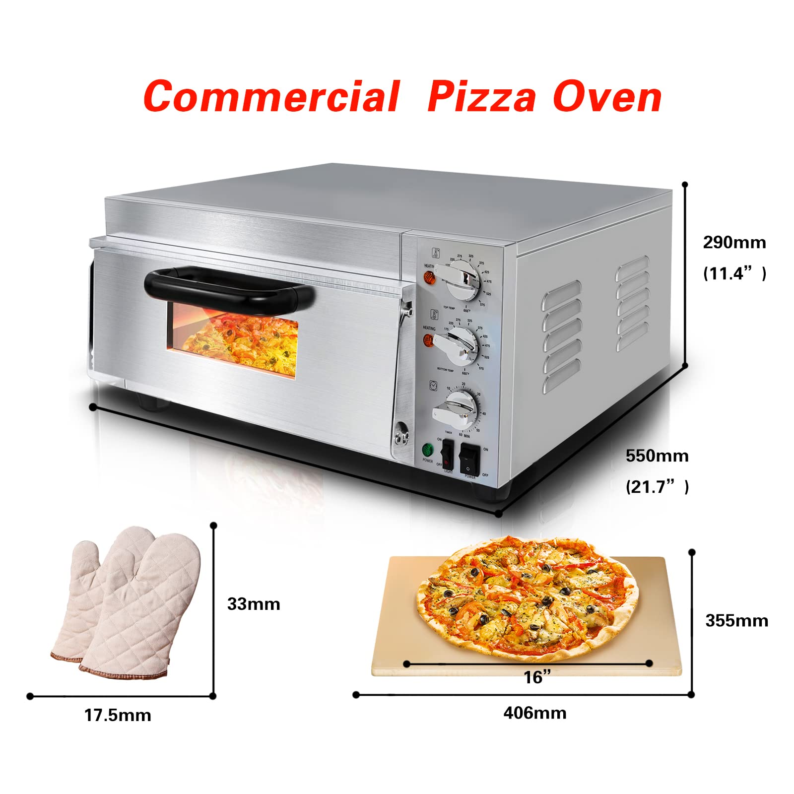 Pizza Oven Countertop Indoor 23'' Stainless Steel Commercial Pizza Oven Single Layer Deck Deluxe Pizza Maker Multipurpose Snack Oven for Restaurant Kitchen Home