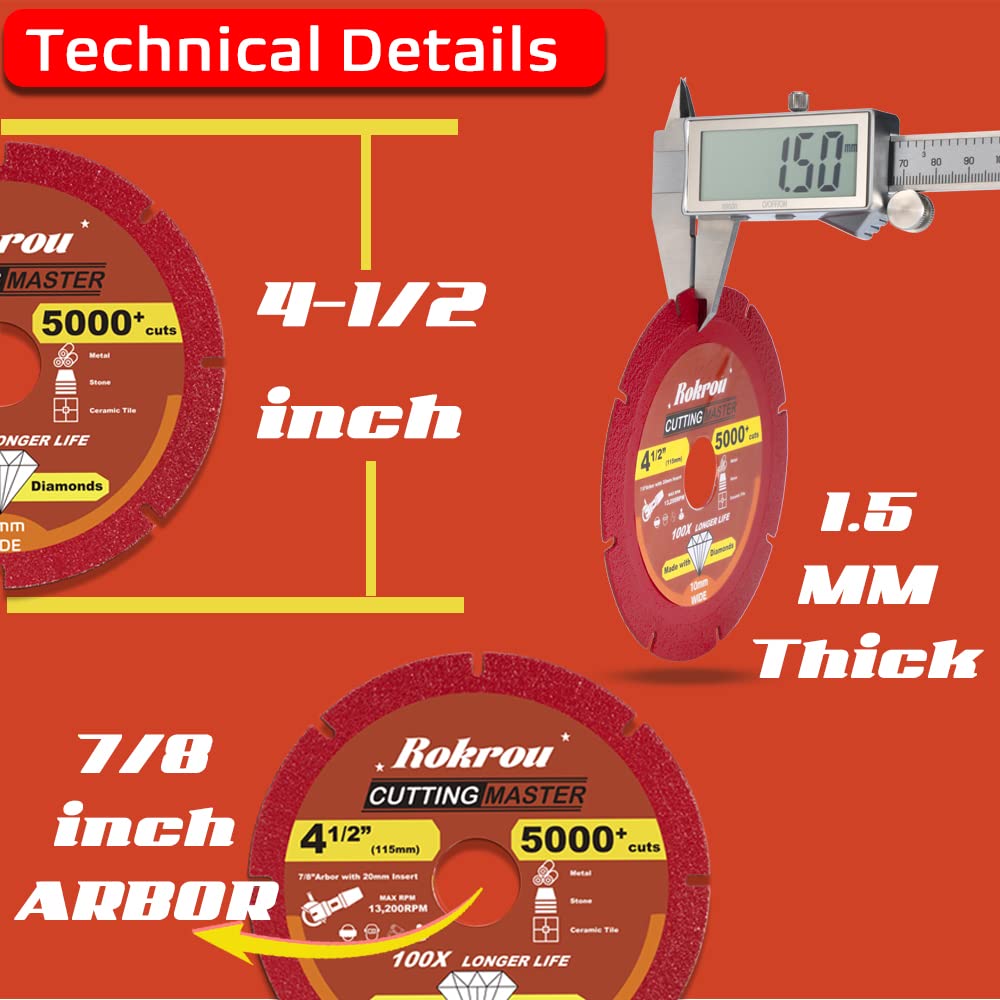 Rokrou Cutting and Grinding in One Diamond Brazed Cut Off Wheel Blade 4 1/2" for Angle Grinder, Cut Off Wheel Capable of 5000+ Cuts,7/8" Arbor Wide for Metal, Rebar, Iron, Brass …