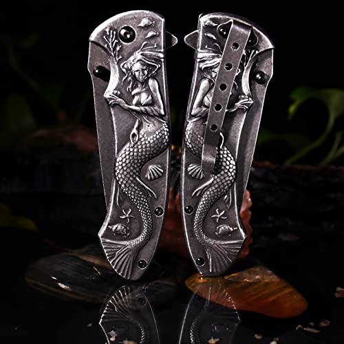 Vividstill Pocket Knife for Men, Folding Knife With Clip & Embossed 3D Mermaid Relief, Edc Knife For Men Outdoor Survival Camping Hiking Hunting