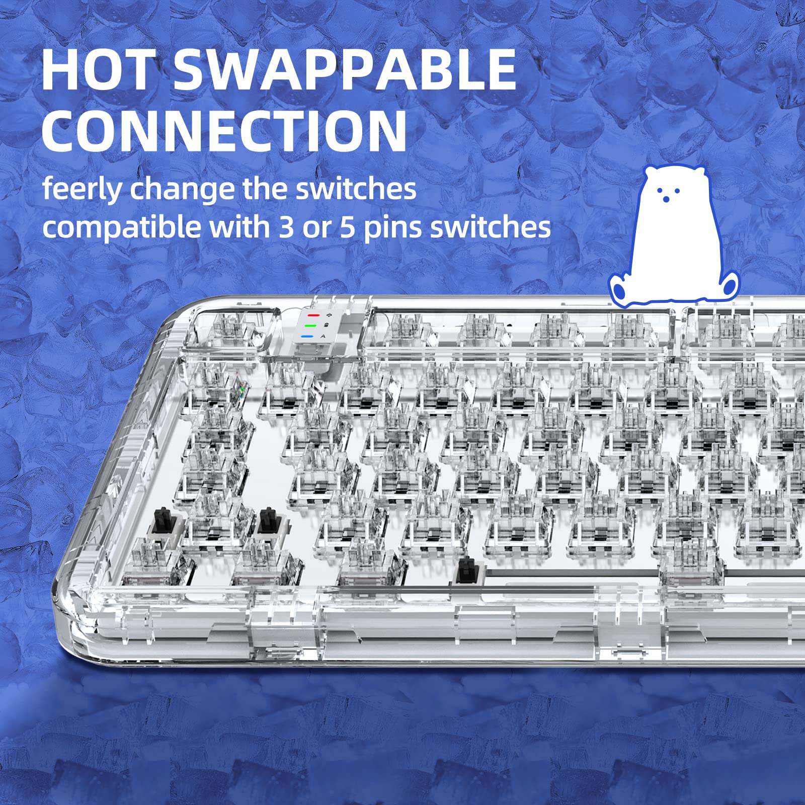 YUNZII Coolkiller CK75 Wireless Hot Swappable Mechanical Keyboard, Transparent Acrylic Gasket Mounted Keyboard for for Windows/Mac(Ice Blade Switch,White)