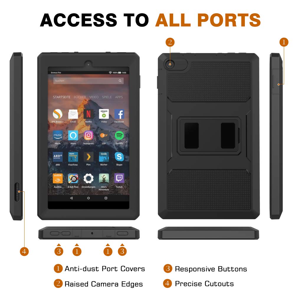 MoKo Case Fits Kindle Fire 7 Tablet (9th Generation, 2019 Release), Anti-Slip Dual-Layer Full Body Rugged Hands-Free Viewing Stand Back Cover with Screen Protector - Black
