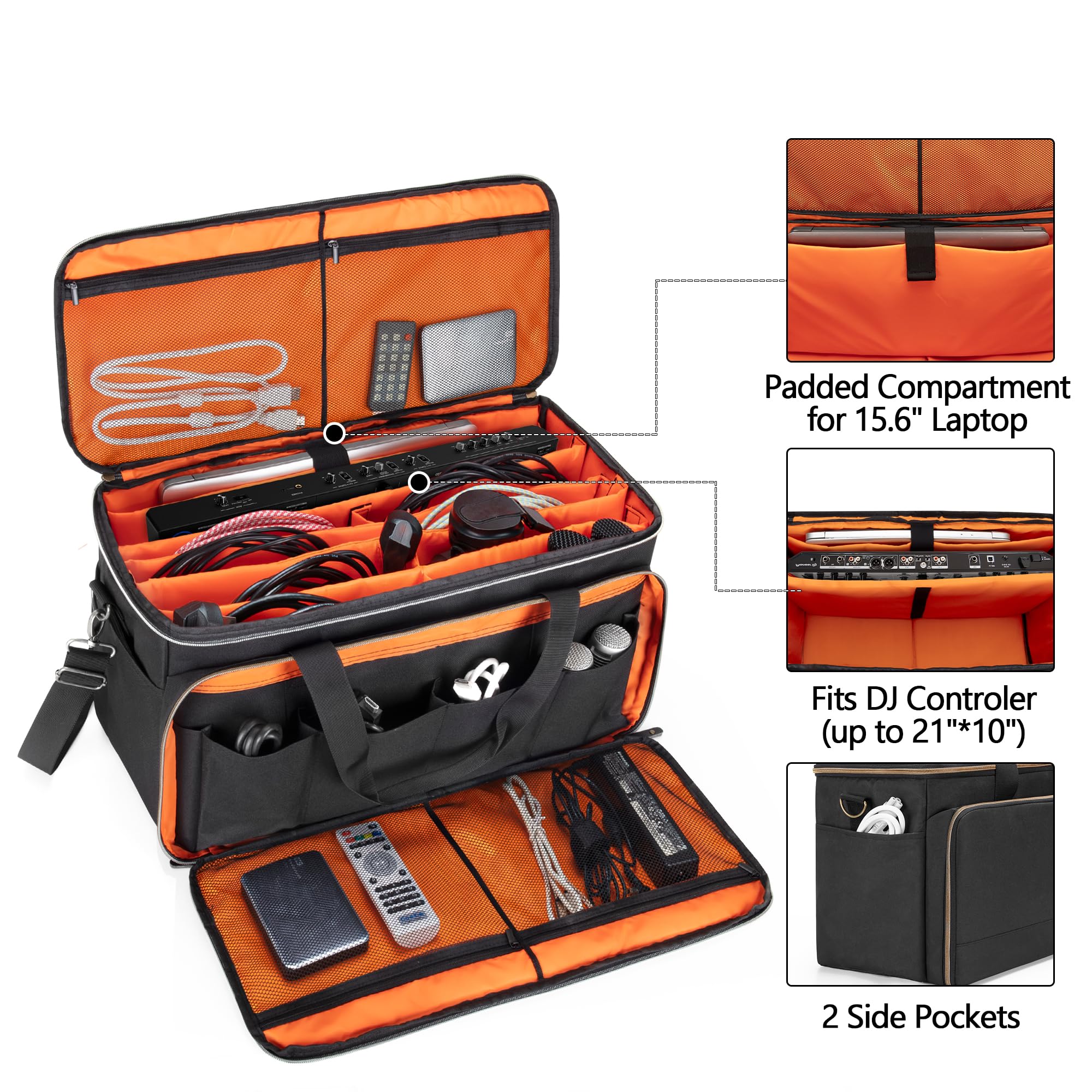 Trunab Large Travel DJ Cable File Bag with Inner Detachable Divider and Padded Compartment for 15.6” Laptop, Cable Organizer Bag for Cords, Sound Equipment, DJ Gear, Musician Accessories