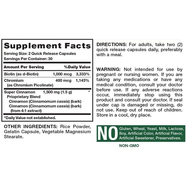 Nature's Truth Super Cinnamon Plus Biotin & Chromium Quick Release Capsules - 60 ct, Pack of 2
