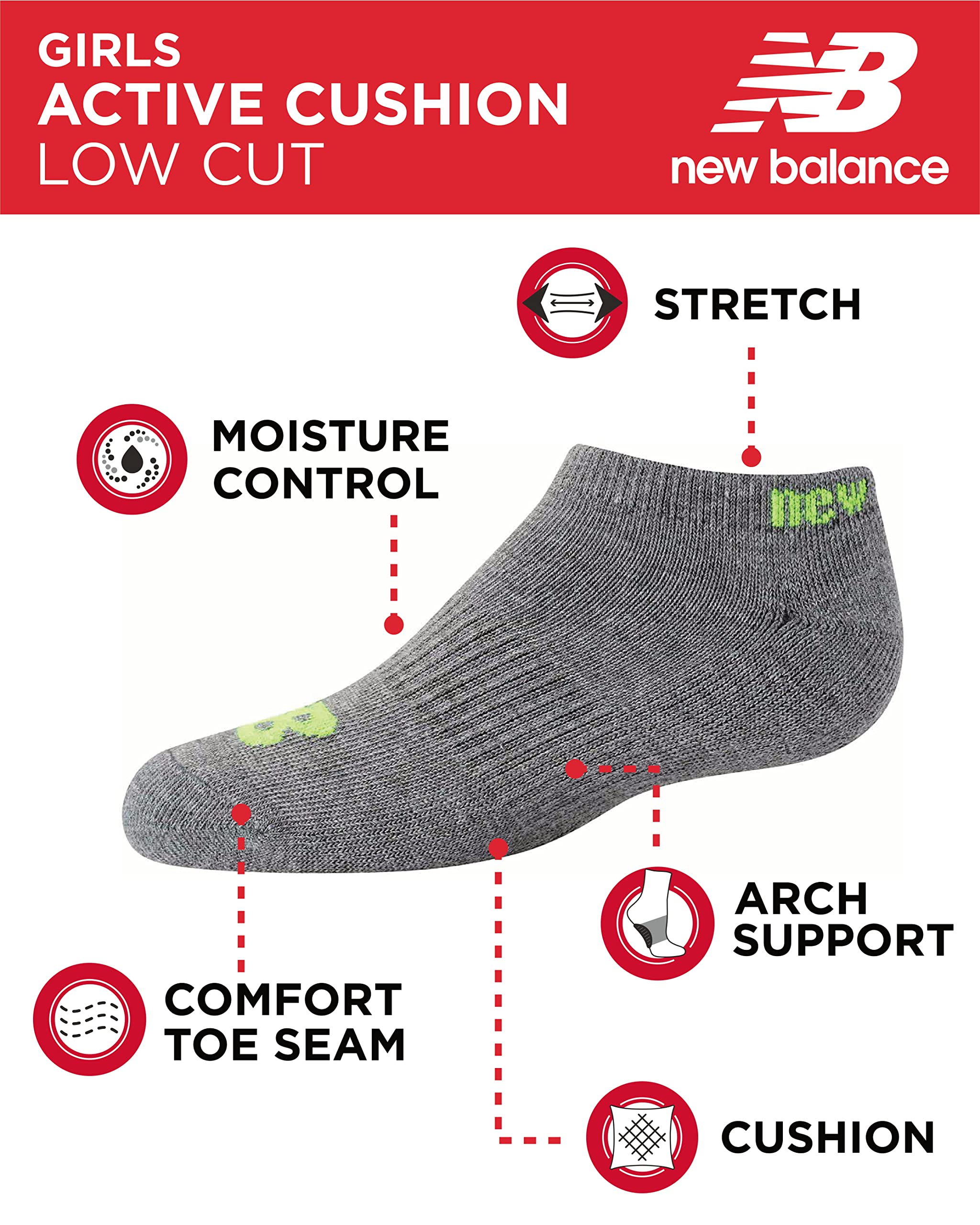 New Balance Girls' Athletic Low Cut Socks with Reinforced Heel and Toe (8 Pack), Size Medium, White Assorted