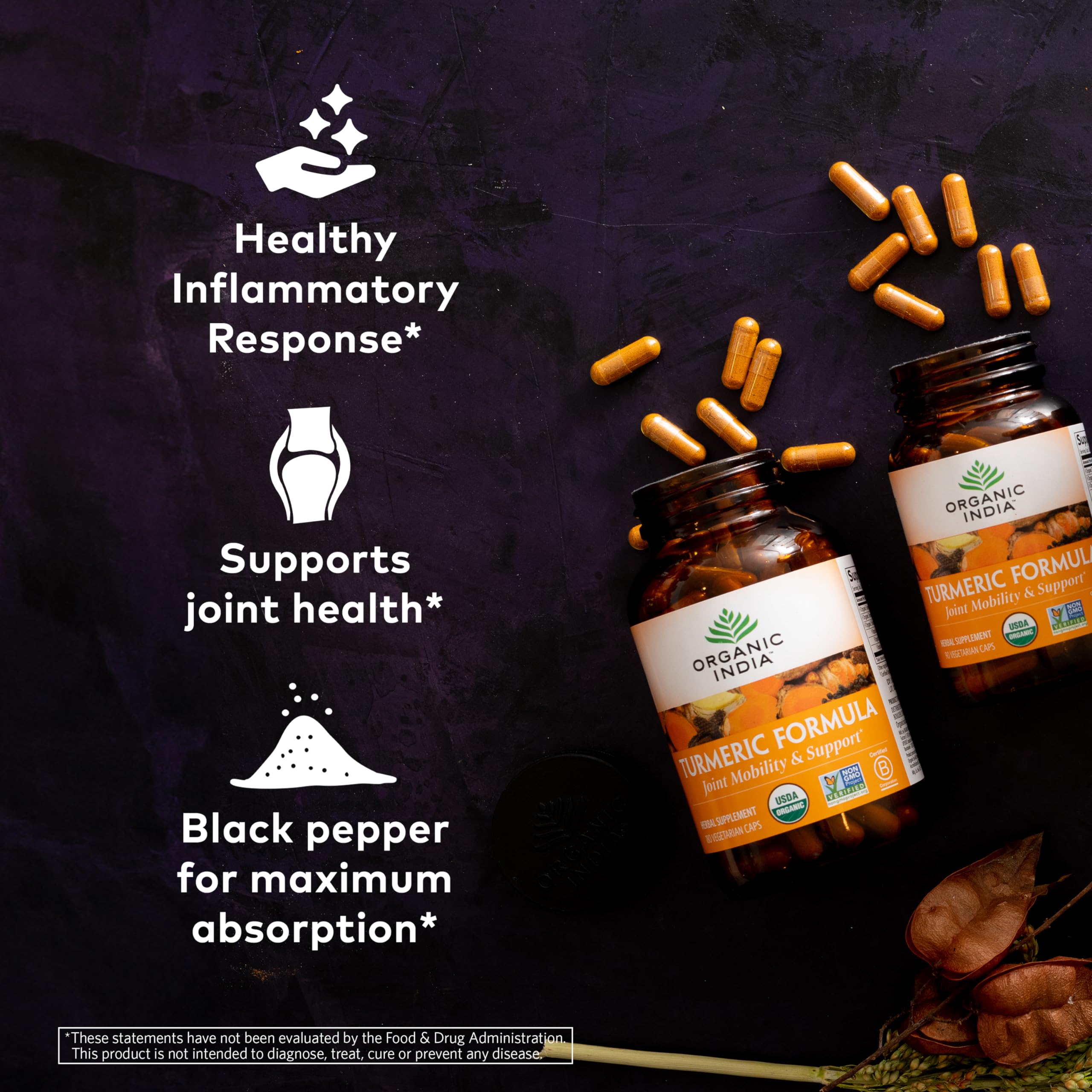 ORGANIC INDIA Turmeric Curcumin with Black Pepper - Organic Turmeric Supplement and Curcumin Supplement, Turmeric Capsules, Joint Support & Immune Support, Whole Root, Trikatu - 90 Capsules, 2 Pack