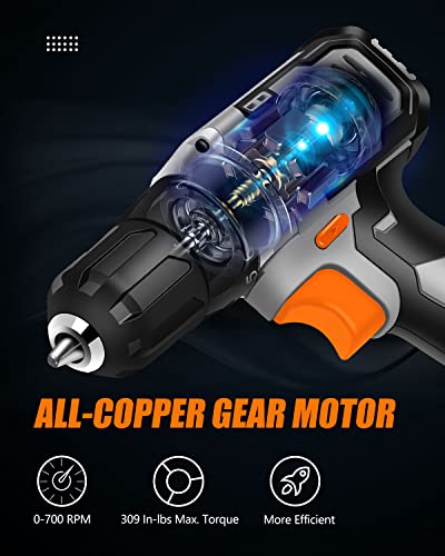 WORKSITE Cordless Drill/Driver Kit, 20V MAX 3/8" Compact Drill Set with 2.0A Battery, Charger, 309 In-lbs Max Torque, 24pcs Accessories for Drilling Wood Metal