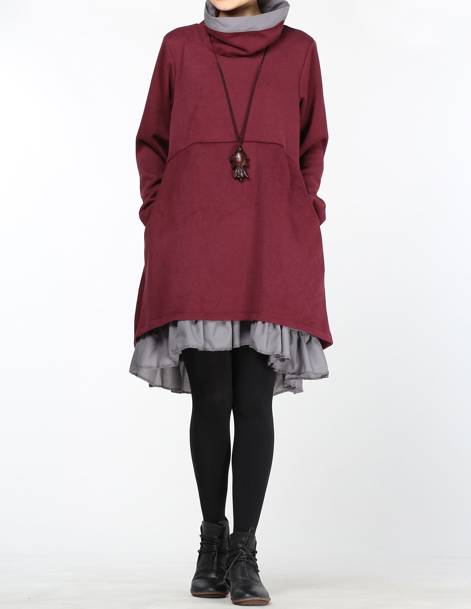Mordenmiss Women's Flared Layers Dress Hi-Low Ruffle Hem Tunic Top M Burgundy