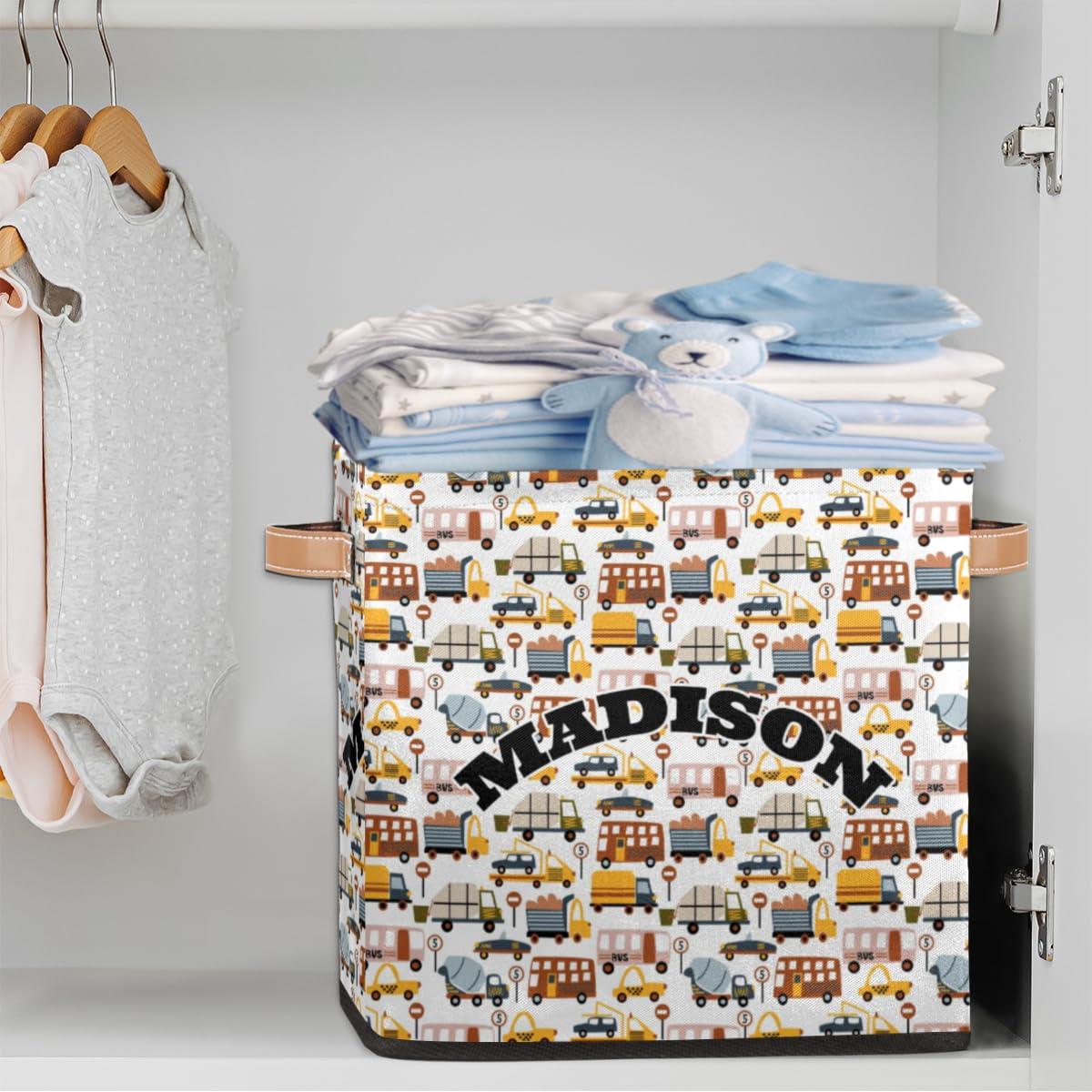 RIRIX Personalized Storage Bin, Custom Storage Baskets for Organizing with Handles, Foldable Storage Box for Closet Cloth Baskes Toy Car and Transportation