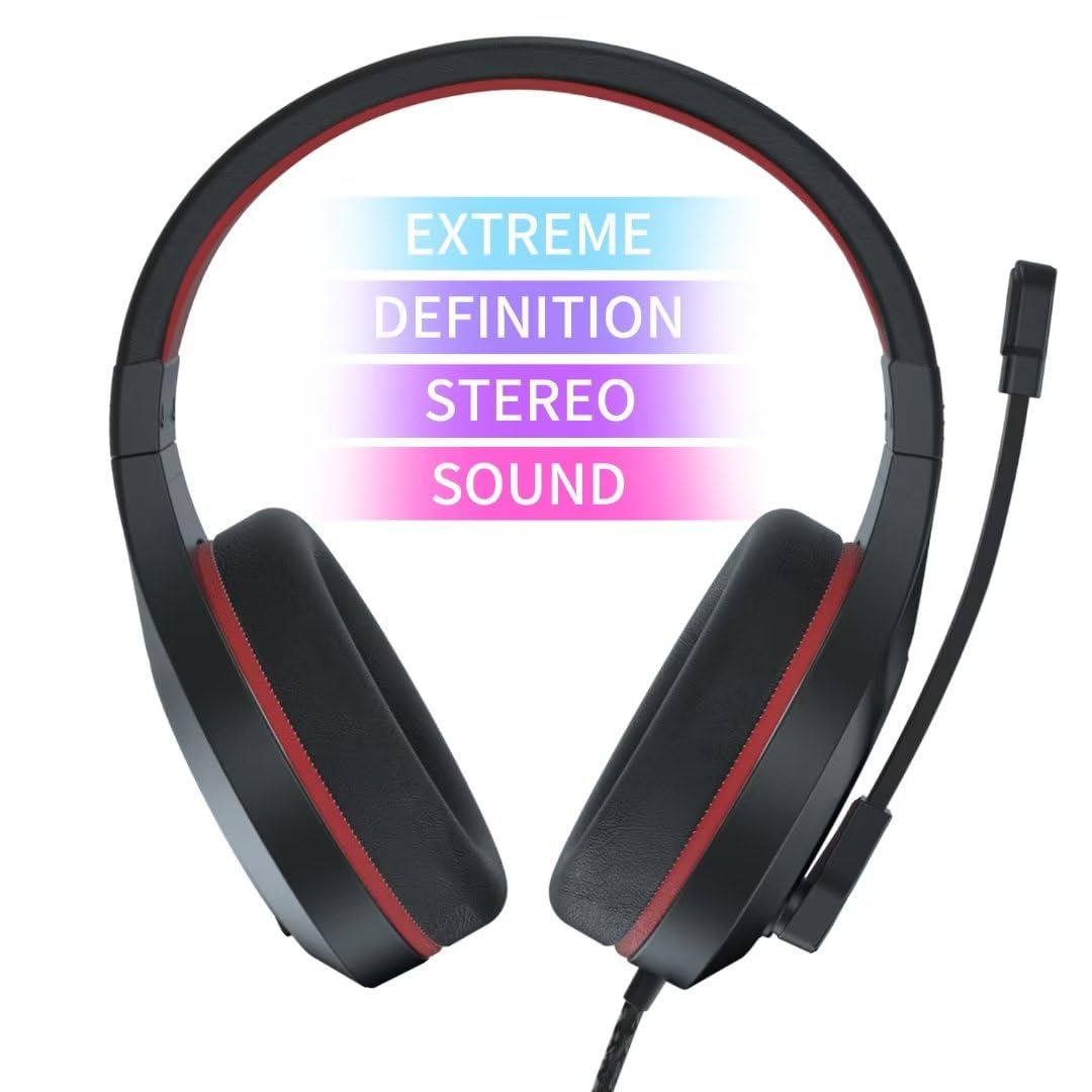 Mokochy 3.5mm Gaming Headset for PC,Headphone with Microphone Wired Headset Passive Noise canceling Earmuffs 50mm Neodymium Magnet Speaker Headset- Red