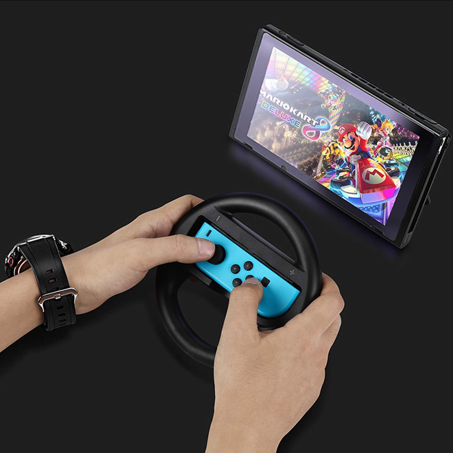 Racing Games Steering Wheel Grip-Suitable for Nintendo Switch Mario Kart, Joy-Con Steering Wheel, Black & Black