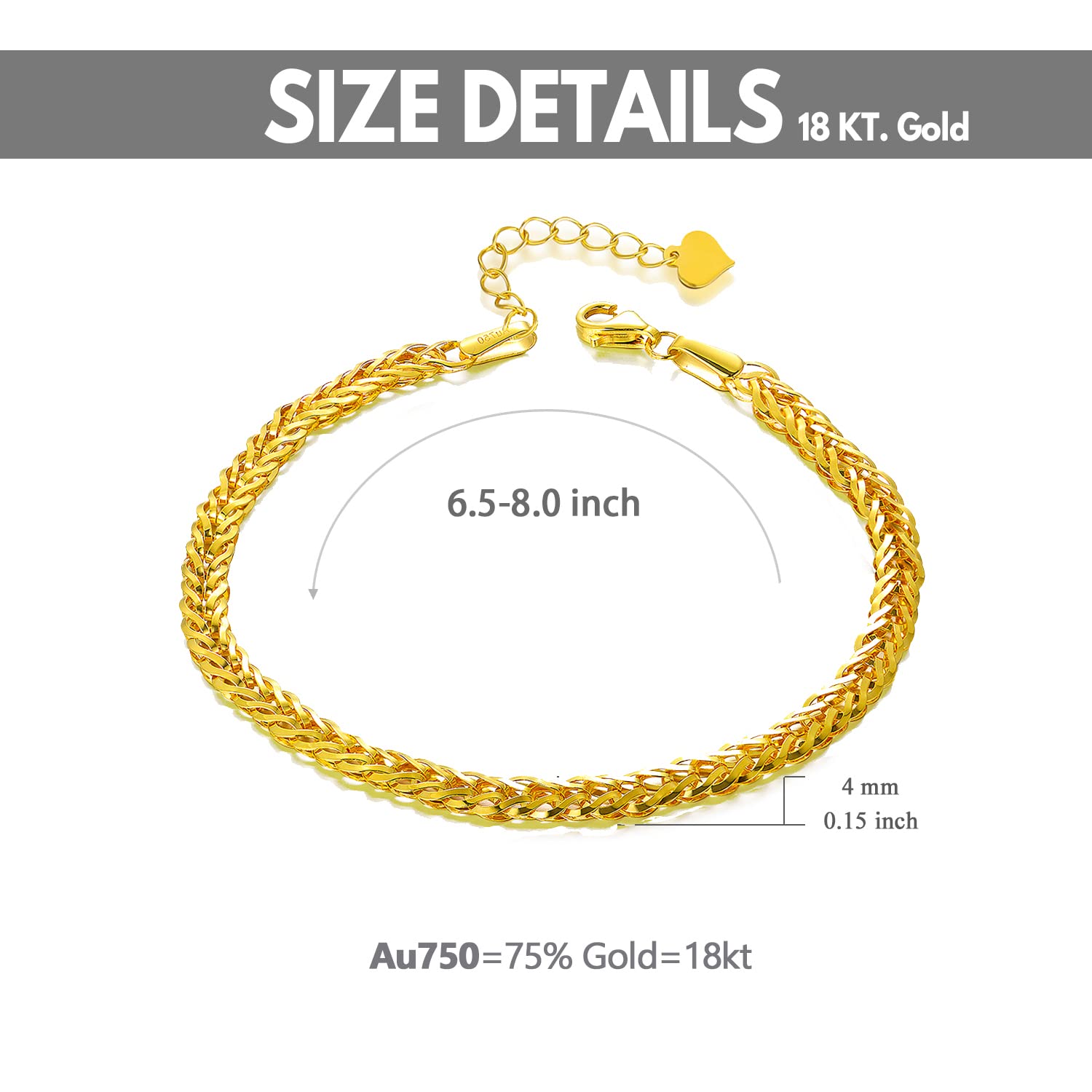 SISGEM Solid 18k Yellow Gold Celtic Chain Bracelet, Fine Gold Link Jewelry for Women (4 mm, 6.5-8.0 Inch)