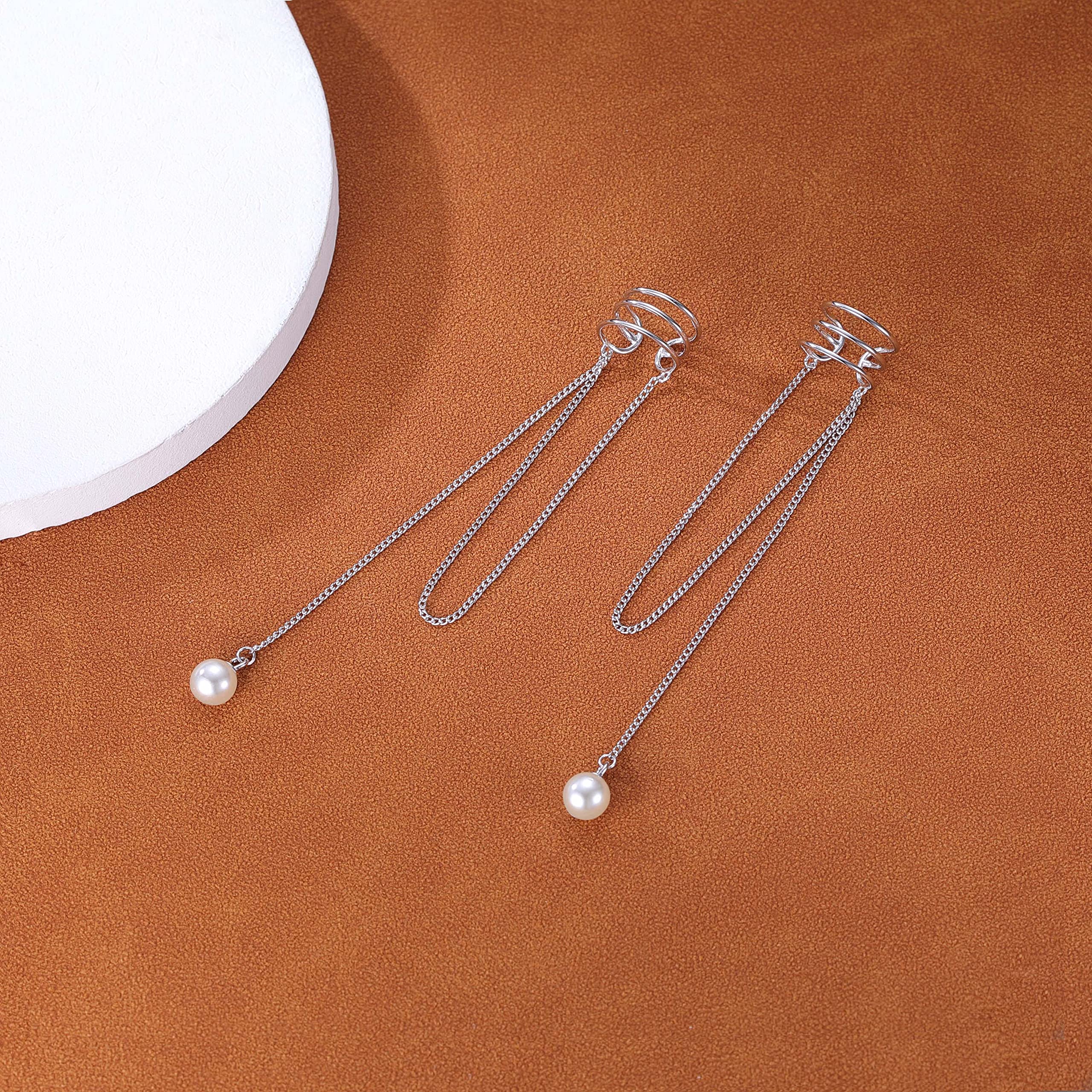 SLUYNZ 925 Sterling Silver No Piercing Cuff Earrings Chain for Women Wrap Earrings Pearl Tassel Clip On Ear (A-Silver1)