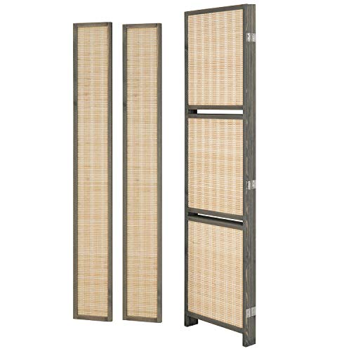 MyGift 4-Panel Deluxe Woven Bamboo Dark Gray Room Divider with Removable Storage Shelves, Living Room Bedroom Portable Partition Screen