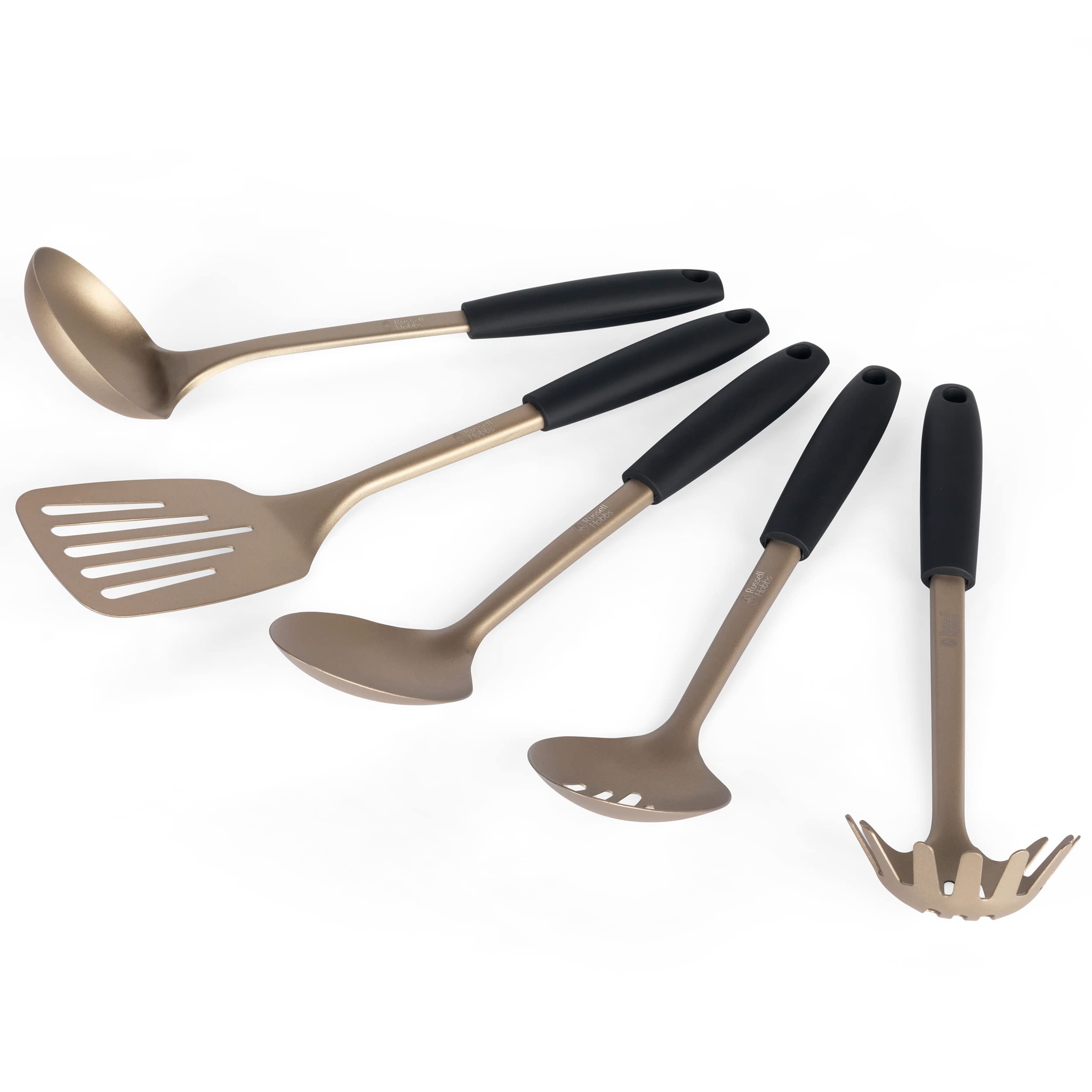 Russell Hobbs RH02170BEU Opulence 5 Piece Kitchen Utensil Set, Non-Stick Cooking Spoons & Soft-Touch Handles, Includes Solid and Slotted Spoon, Spaghetti Spoon, Slotted Spatula and Ladle, Black/Gold