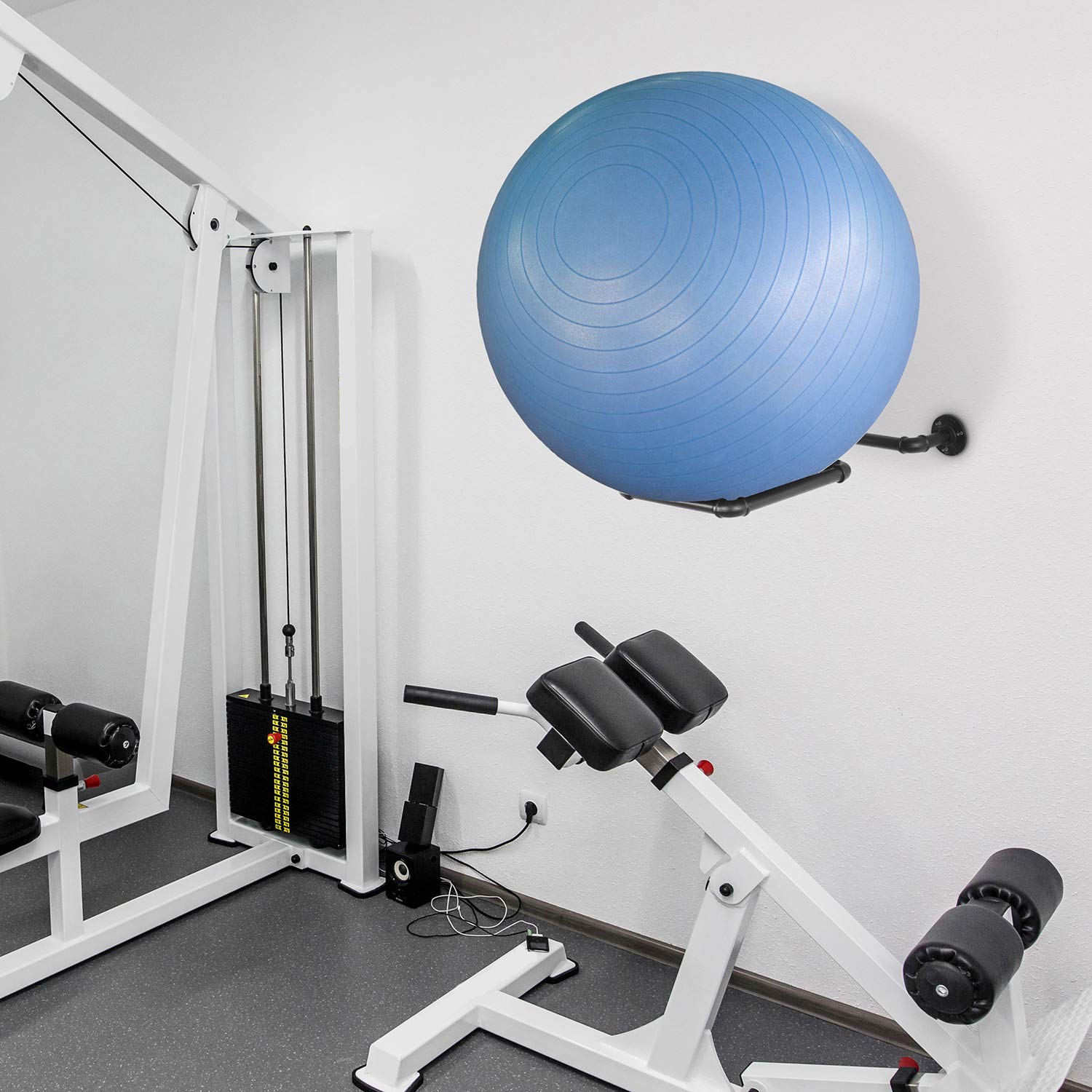 MyGift Wall Mounted Black Metal Pipe Exercise Ball Holder, Yoga Ball and Stability Ball Rack Home Gym and Studios