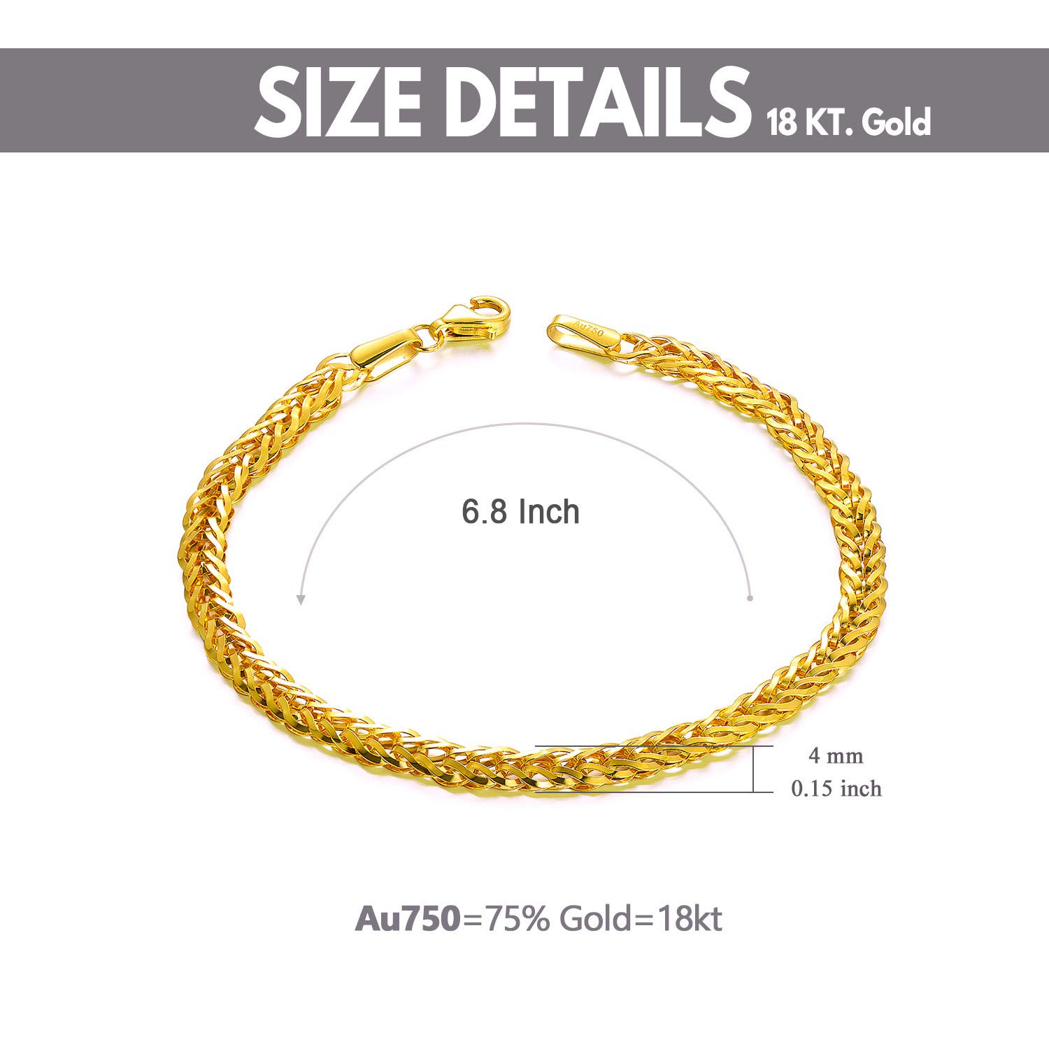 SISGEM Solid 18k Yellow Gold Celtic Chain Bracelet, 18 Karat Gold Link Jewelry for Women (4 mm, 7 Inch)