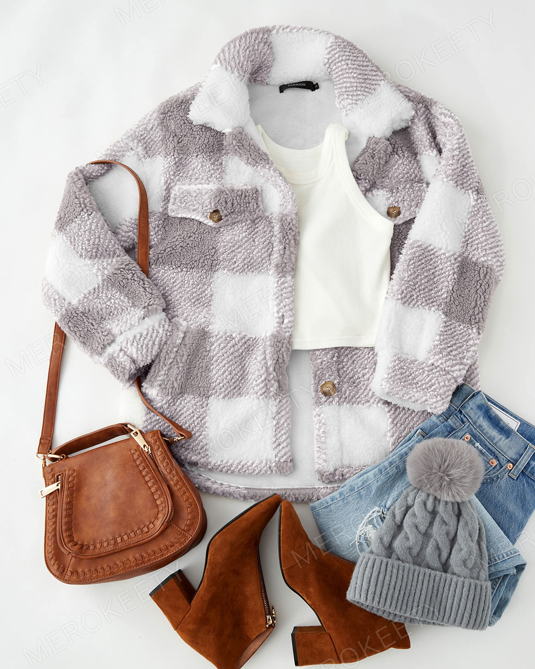 MEROKEETY Womens Plaid Fuzzy Sherpa Jacket Winter Warm Lapel Fleece Casual Outwear Coat with Pockets, Grey, M