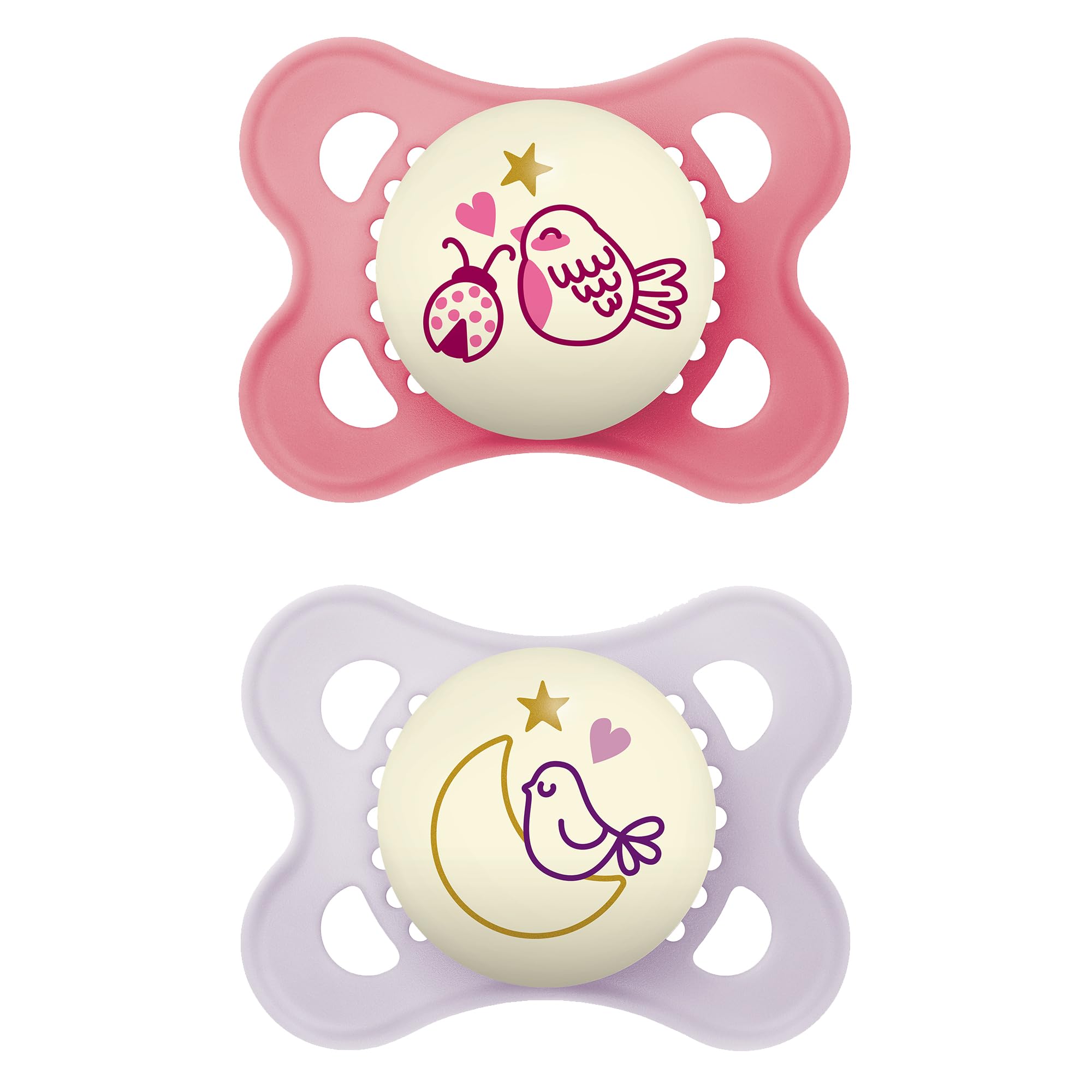 MAM Night Pacifiers (2 Pack, 1 Sterilizing Pacifier Case), MAM Pacifiers 0-6 Months, Best Pacifier for Breastfed Babies, Glow in the Dark Pacifier, Baby Girl Pacifier