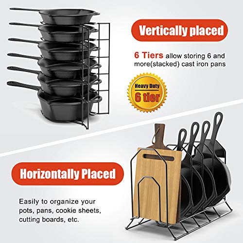 MUDEELA 6 Tier Heavy Duty Pan Organizer, Pan Rack Holds Cast Iron Skillets, Griddles and Shallow Pots, Pan Organizer Rack for Cabinet Kitchen, Durable Steel Construction, No Assembly Required
