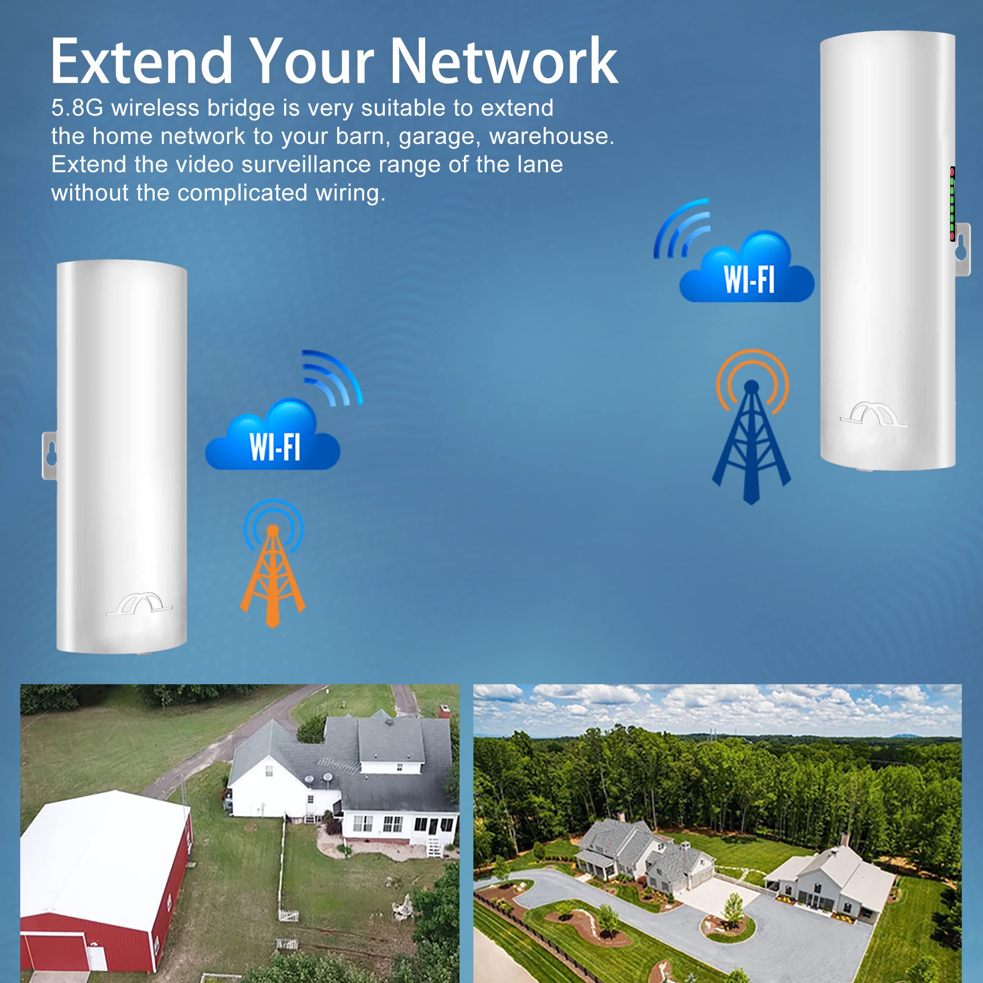 Wireless Bridge, 5.8G Outdoor CPE Point to Point Long Range Access with 14DBi High Gain Antenna, PoE Adapter, 2 RJ45 LAN Ethernet Port,2-Pack