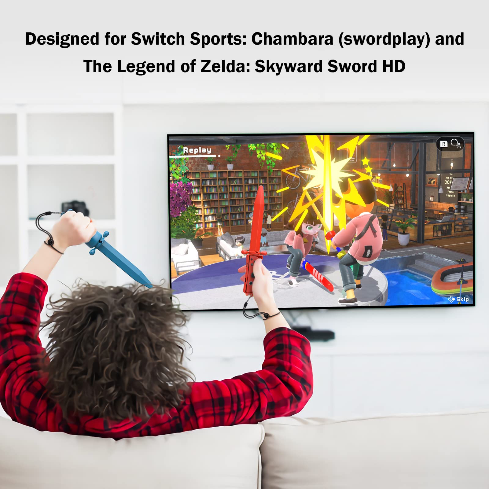 TiMOVO 2-Pack Sword Grip for Switch Sports: Chambara (swordplay)/The Legend of Zelda: Skyward Sword Game, Compatible with Nintendo Switch/Switch OLED 2021, with Adjustable Hand Wrist Strap, Red & Blue