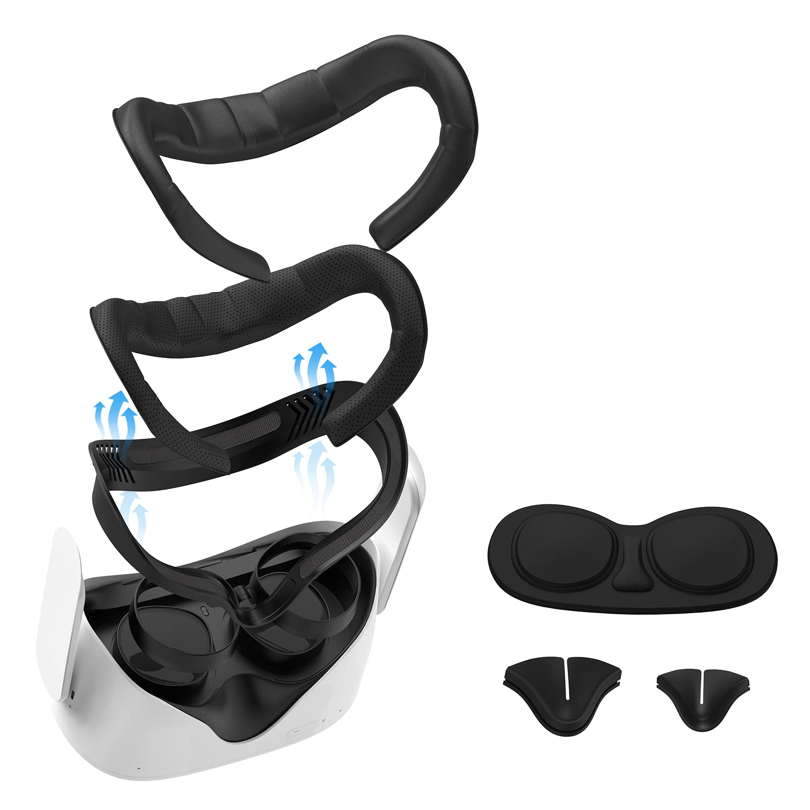 SUPERUS Facial Interface for Oculus/Meta Quest 2 with 2 Customized Face Cushion Foam Pad Replacements, Anti-Light Nose Pad, Lens Protector, and Glasses Spacer Comfort 7-in-1 Accessories Kit (Black)