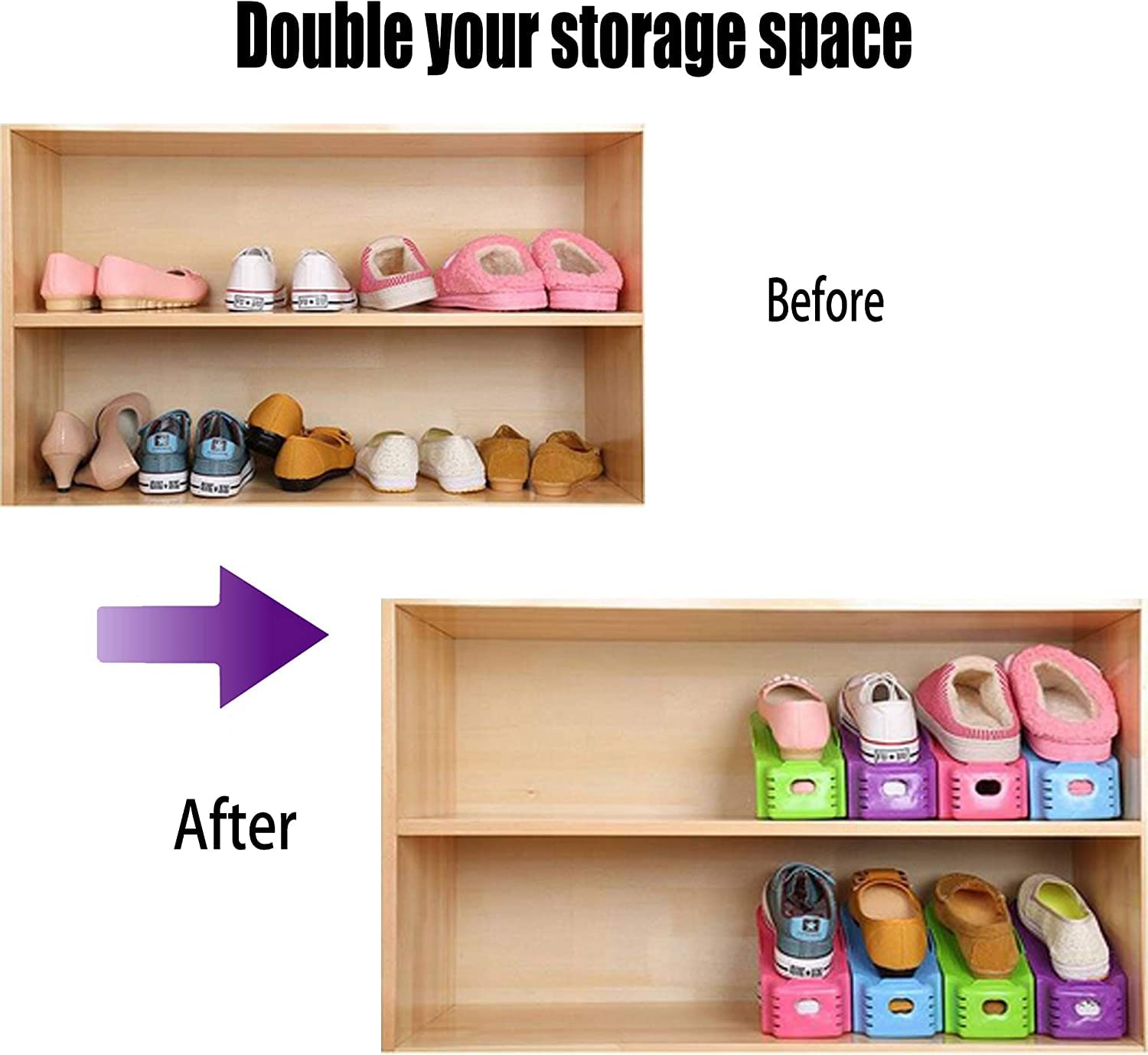 RISETEX Shoe Slots Organizer 12 Pack, Adjustable 4 Level Shoe Space Savers, Double Deck Shoe Rack Holder for Closet, White