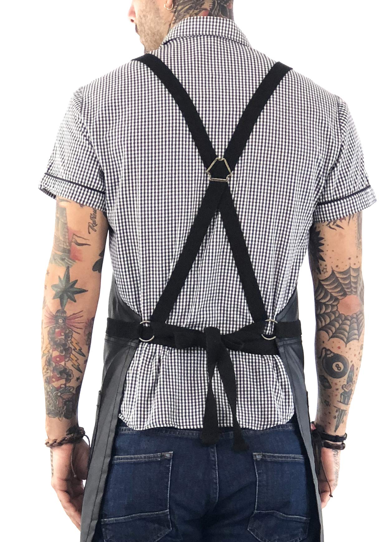 Under NY Sky Cross-Back Panther Black Apron β Coated Twill with Leather Reinforcement and Split-Leg β Adjustable for Men and Women β Pro Barber, Tattoo, Hair Stylist, Barista, Bartender, Server Aprons