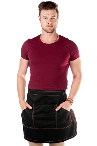 Under NY Sky Half Deep Black Apron with Durable Twill – Bistro Apron, Waist Apron adjustable for Men and Women – Professional Barista, Bartender, Mixologist, Florist, Server Aprons