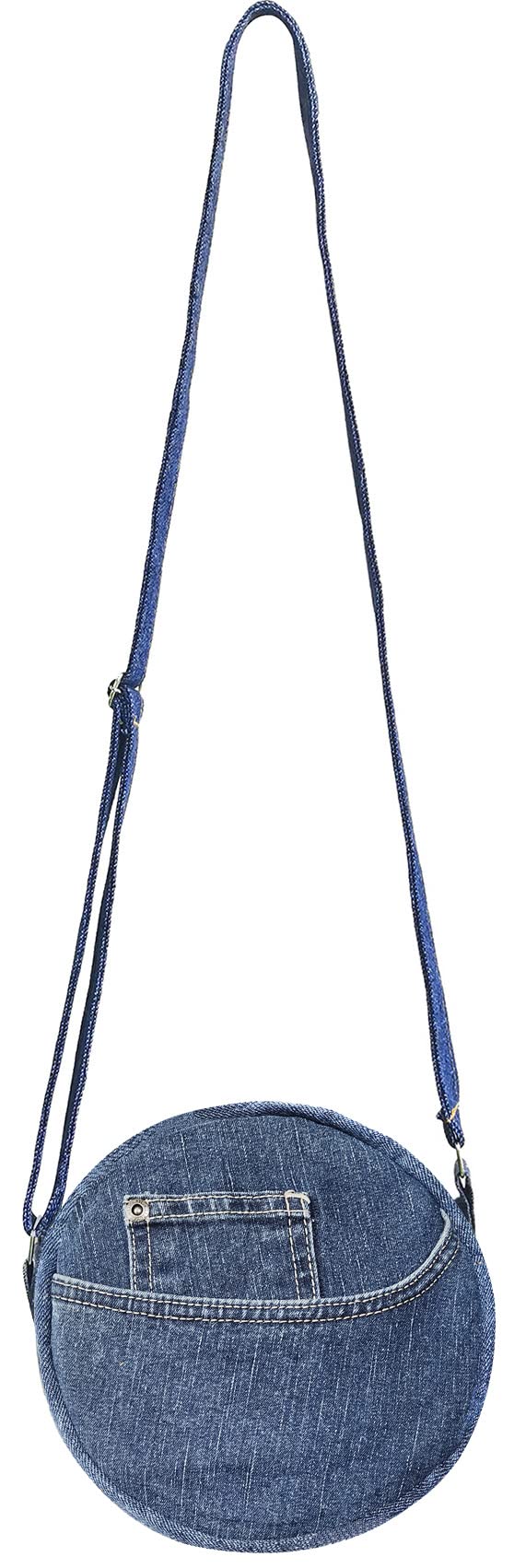 Upcycling Blue Denim Handmade Vintage DIY Patchwork Round Shape Purse Crossbody Sling Bag Handbag for Women (Style 4)