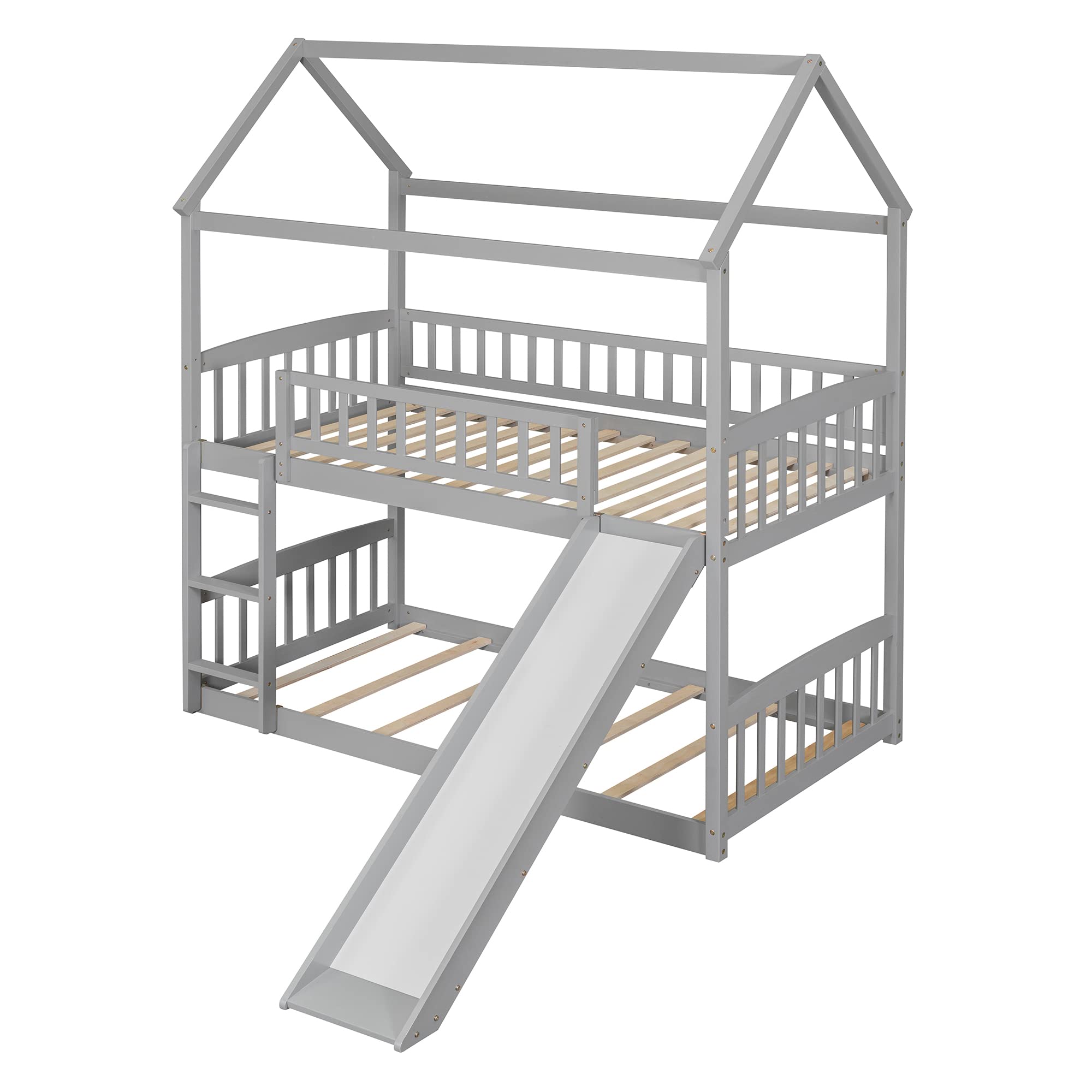 LostCat Full over Full Bunk Bed with Convertible Slide and Ladder,Solid Pinewood Frame, Low Bunk Bed w/Safety Guardrails,Suitable for Kids/Teen,No Box Spring Needed,Grey