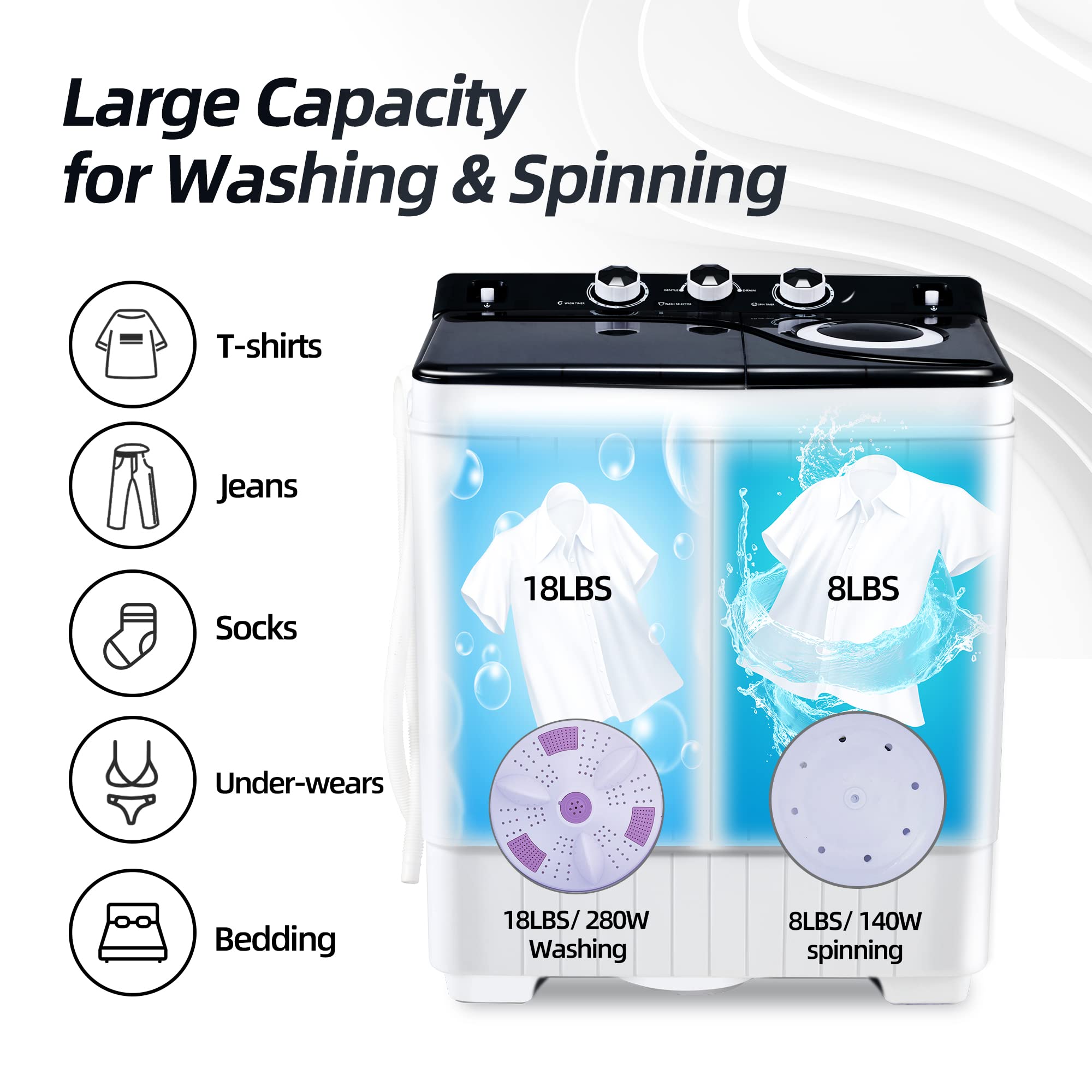 Portable Washing machine 26Lbs Capacity Washer and Dryer Combo Compact Twin Tub Laundry Washer(18Lbs) & Spinner(8Lbs) with Built-in Gravity Drain for Apartment,Dorms,RV Camping, BLACK