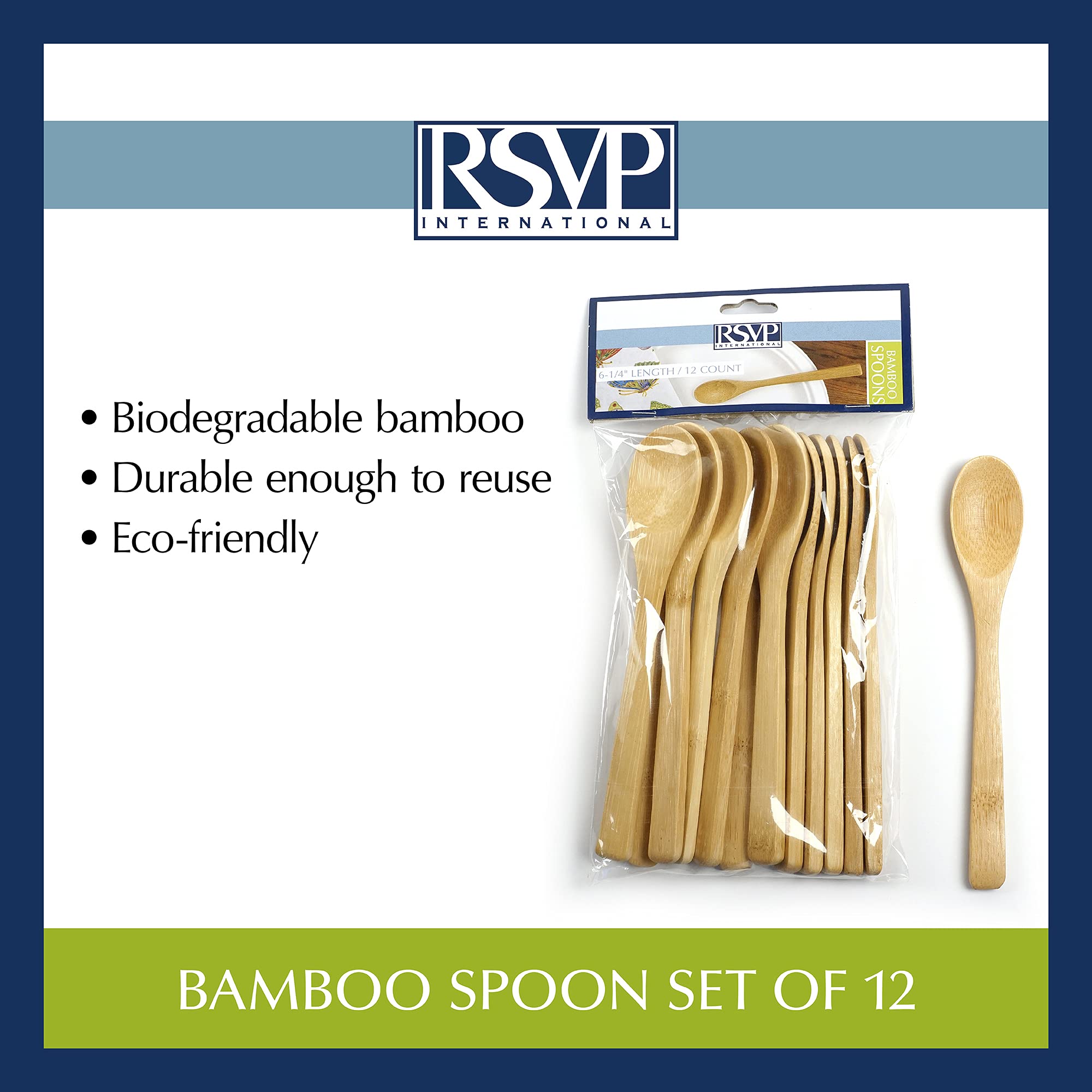 RSVP International Bamboo Kitchen Collection Reusable and Biodegradable, Spoon Set, 12 Piece