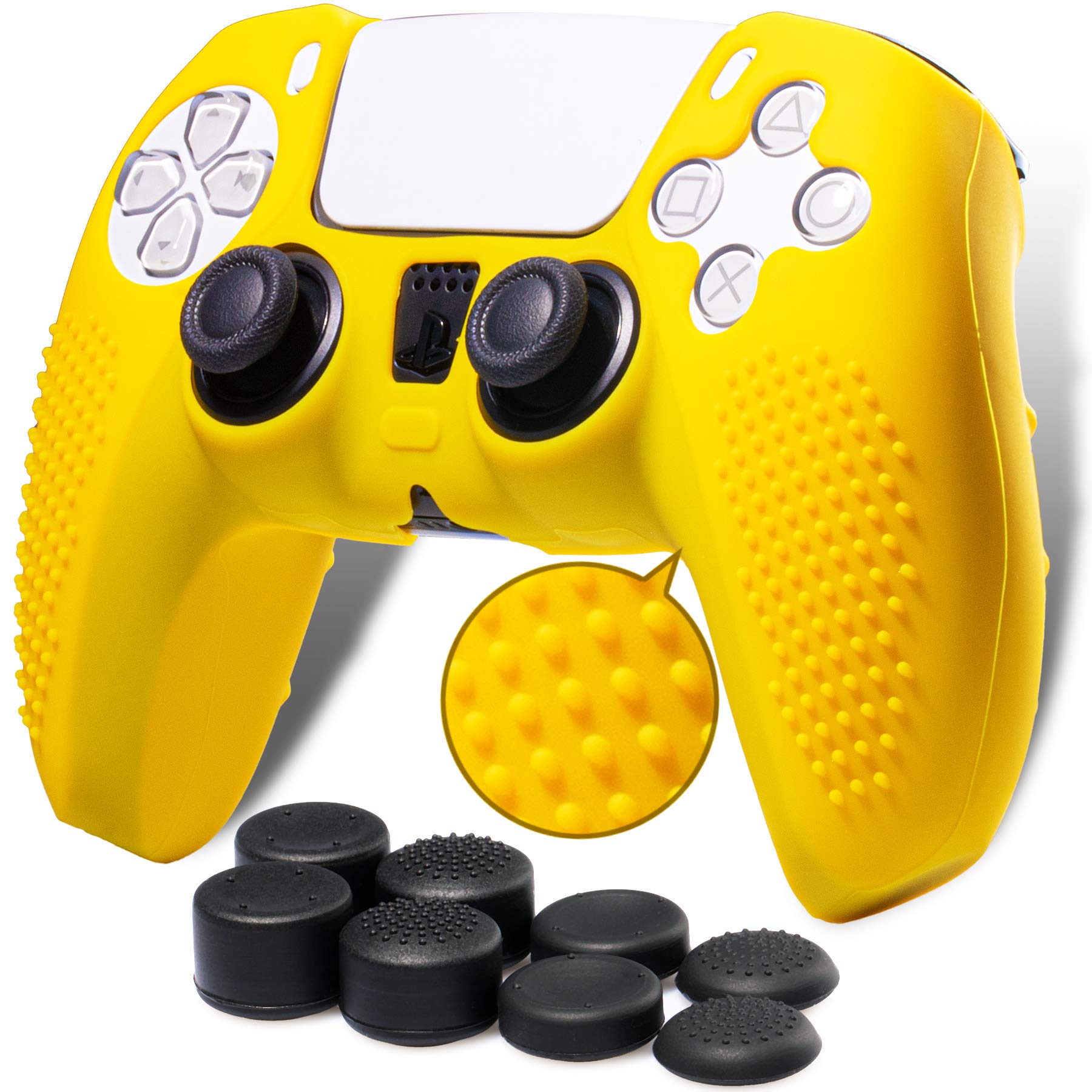 Playrealm Soft 3D Dots Silicone Skin Cover x 1 & Thumb Grips x 8 for PS5 Dualsenese Controller (Yellow)