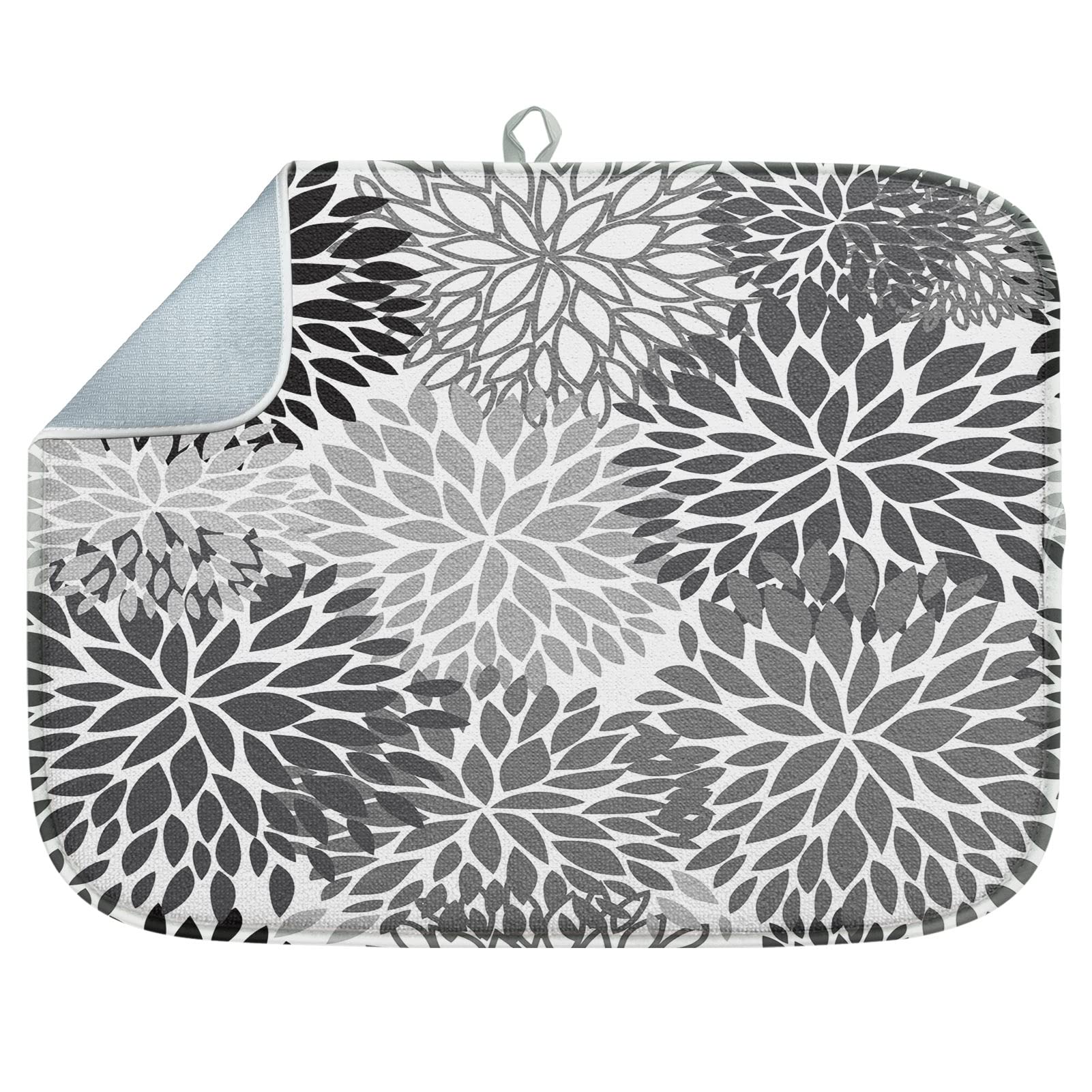 Sanwarm Absorbent Dish Drying Mat, Vintage Spring Leaf Gray Floral Flower Microfiber Pad for Kitchen Counter, Coffee Bar Decor, Heat Resistant and Reversible, 18" x 24"