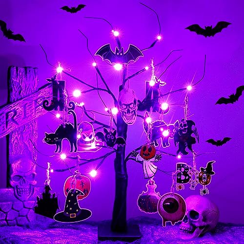 RJZZ 24LED Lighted Halloween Tree 2FT Hocus Pocus Decor Spooky Tree with 21pcs Hanging Ornaments Halloween Decorations Indoor USB/Battery Operated Halloween Decor for Table Centerpiece, Office
