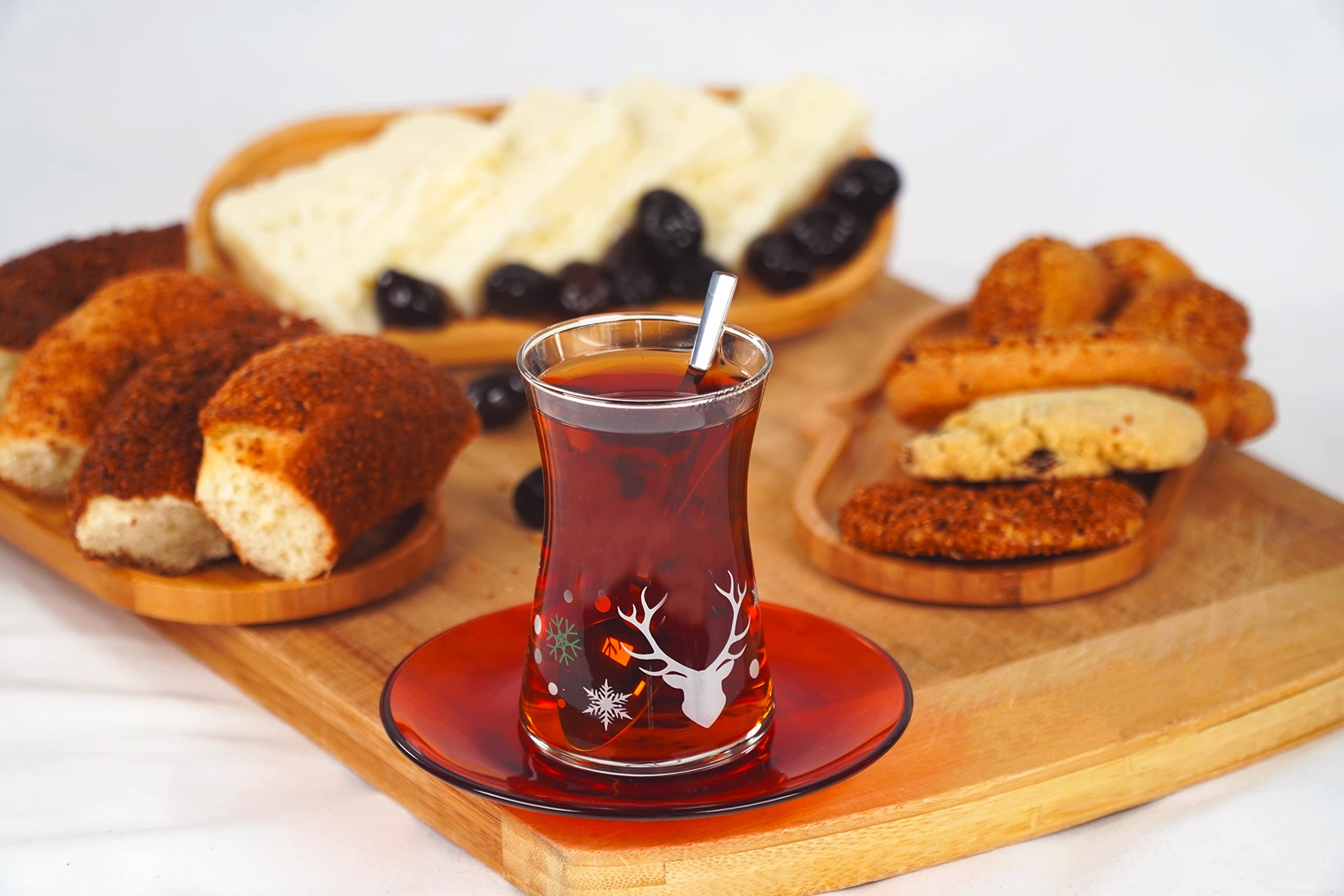 Turkish Tea Set, Turkish Tea Cups, Saucers and Tea Spoons, 6 Glasses, 6 Saucers and 6 Stainless Steel Spoons (18 Pieces), Set For 6 (Christmas)