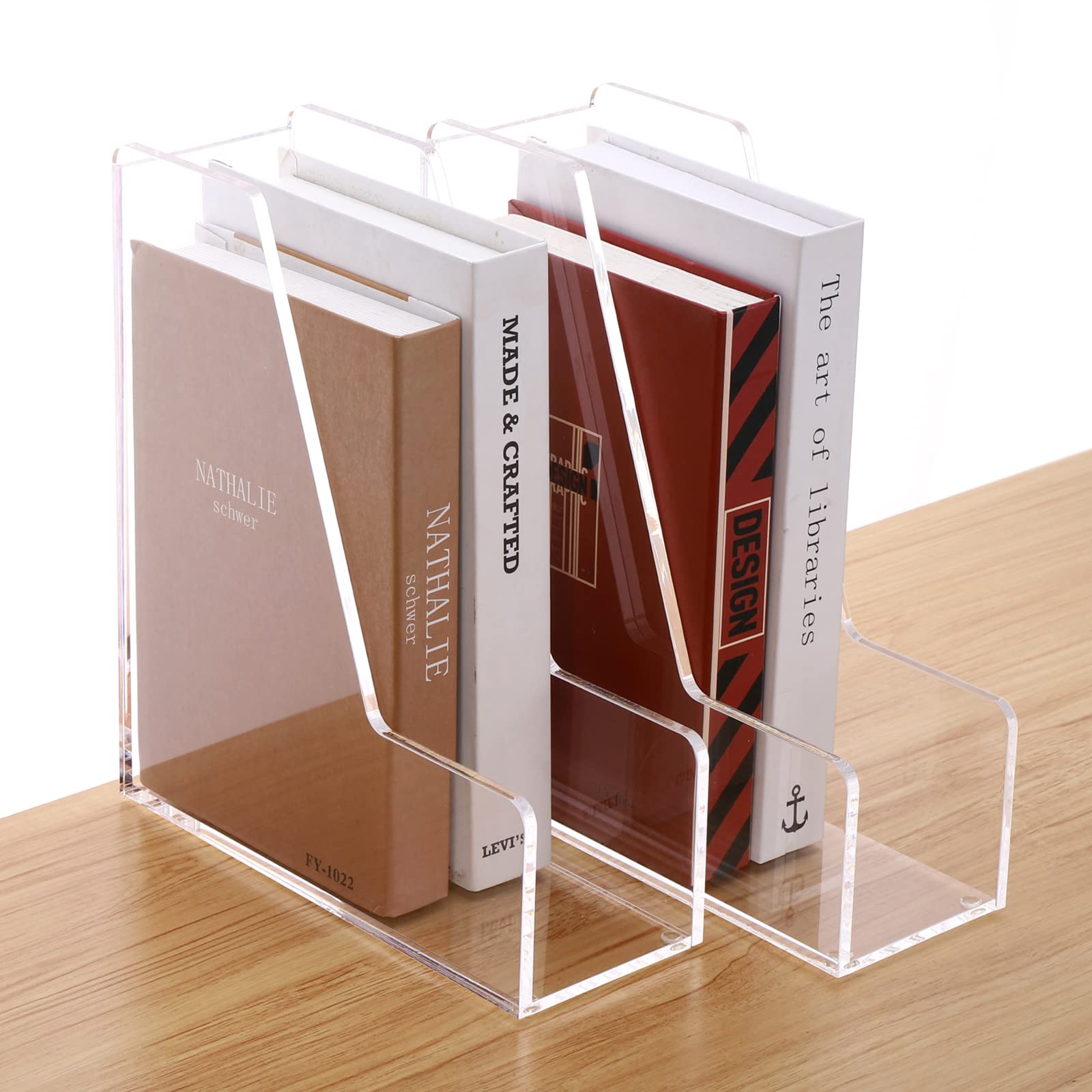 SANRUI Clear Magazine File Holder Vertical File Folder Holder, Acrylic Desk Organizer for File Storage, Book Bin and Office Desk Accessories ,2-Pack Bookshelf for Desk Home Office